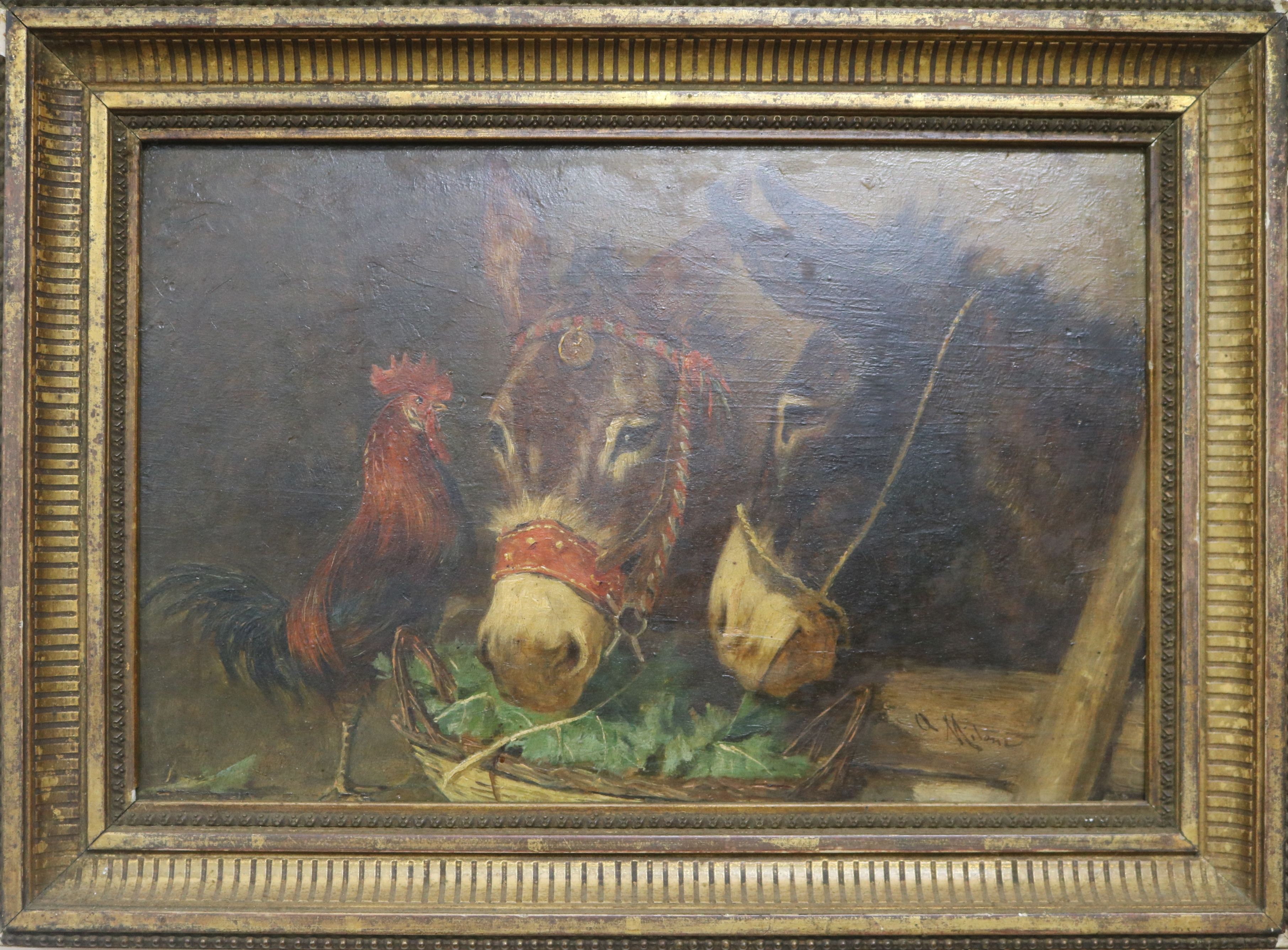 Antonio Milone (1834-1919), oil on panel, cockerel and donkey study, 19 ...