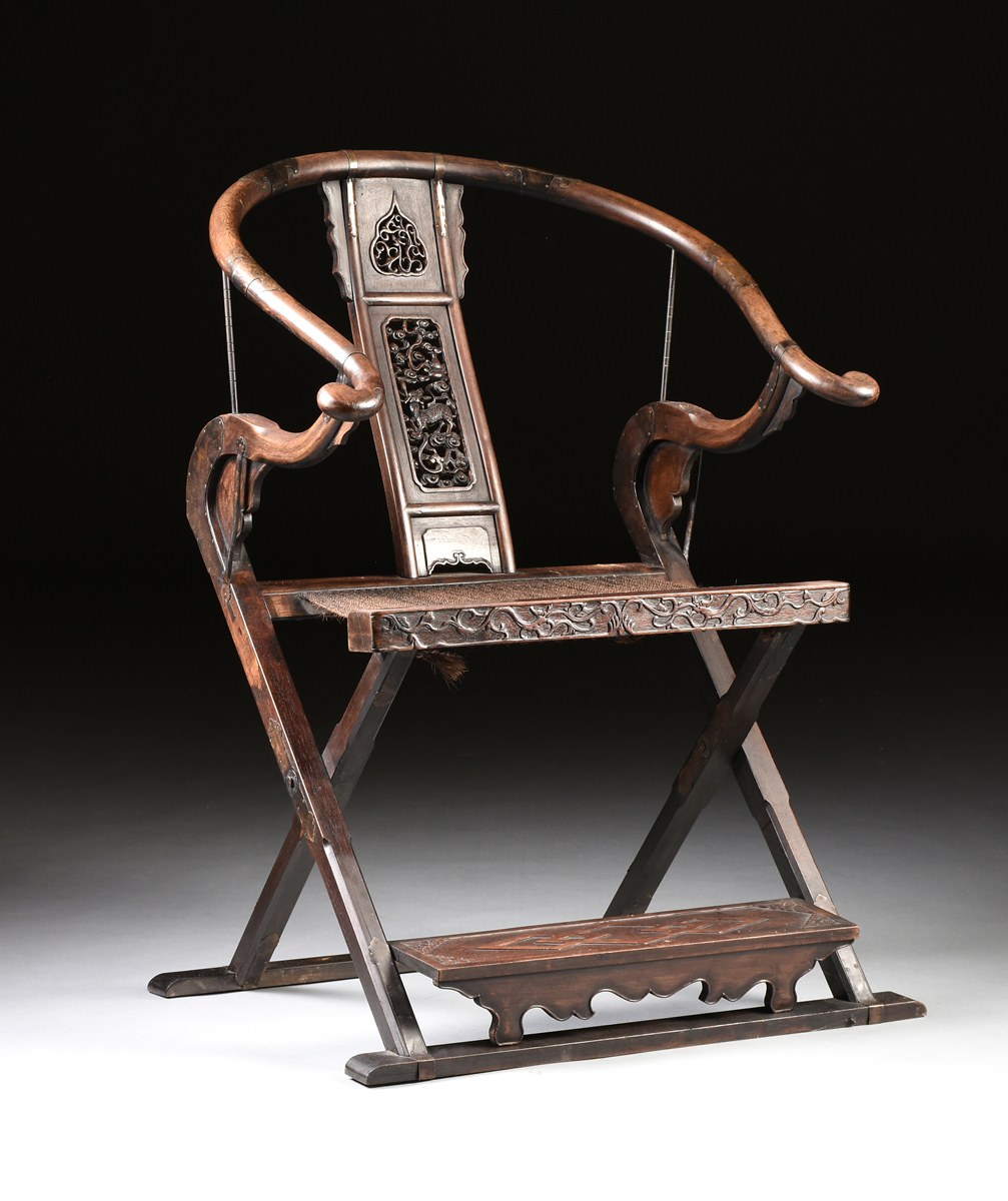 A CHINESE MING DYNASTY STYLE CARVED JICHIMU AND WALNUT FOLDING JIAOYI ...