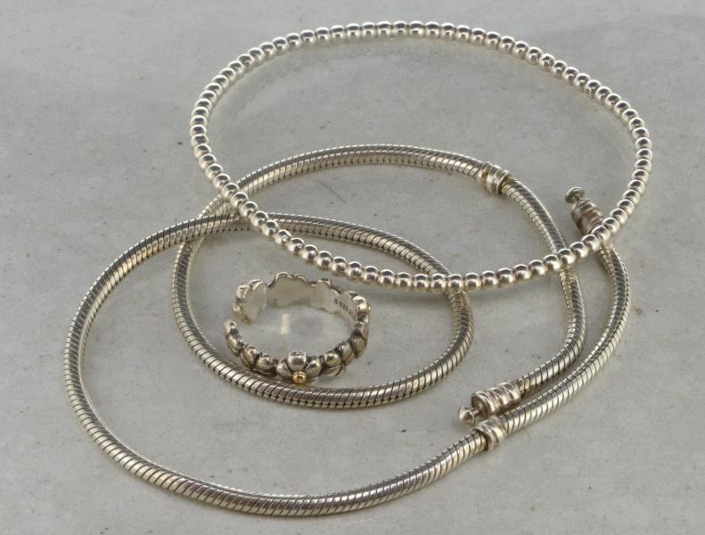 Pandora necklace with no clasp, broken Pandora ring and a Pandora bangle