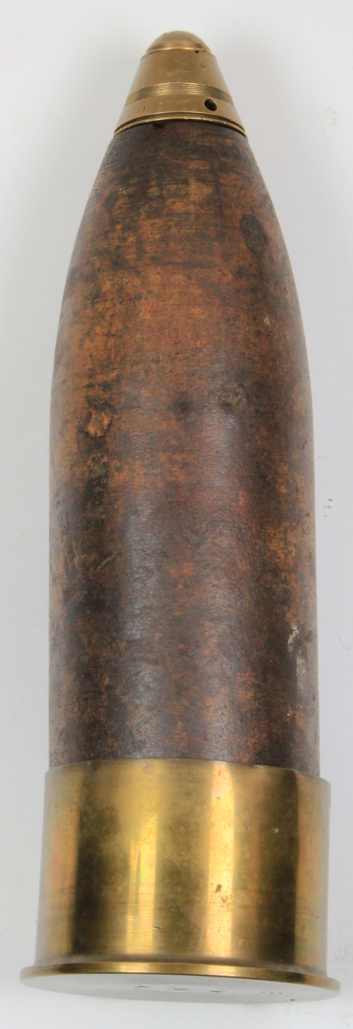 British WW1 4.5 Howitzer shell and brass case. Shell base marked '4.5 ...