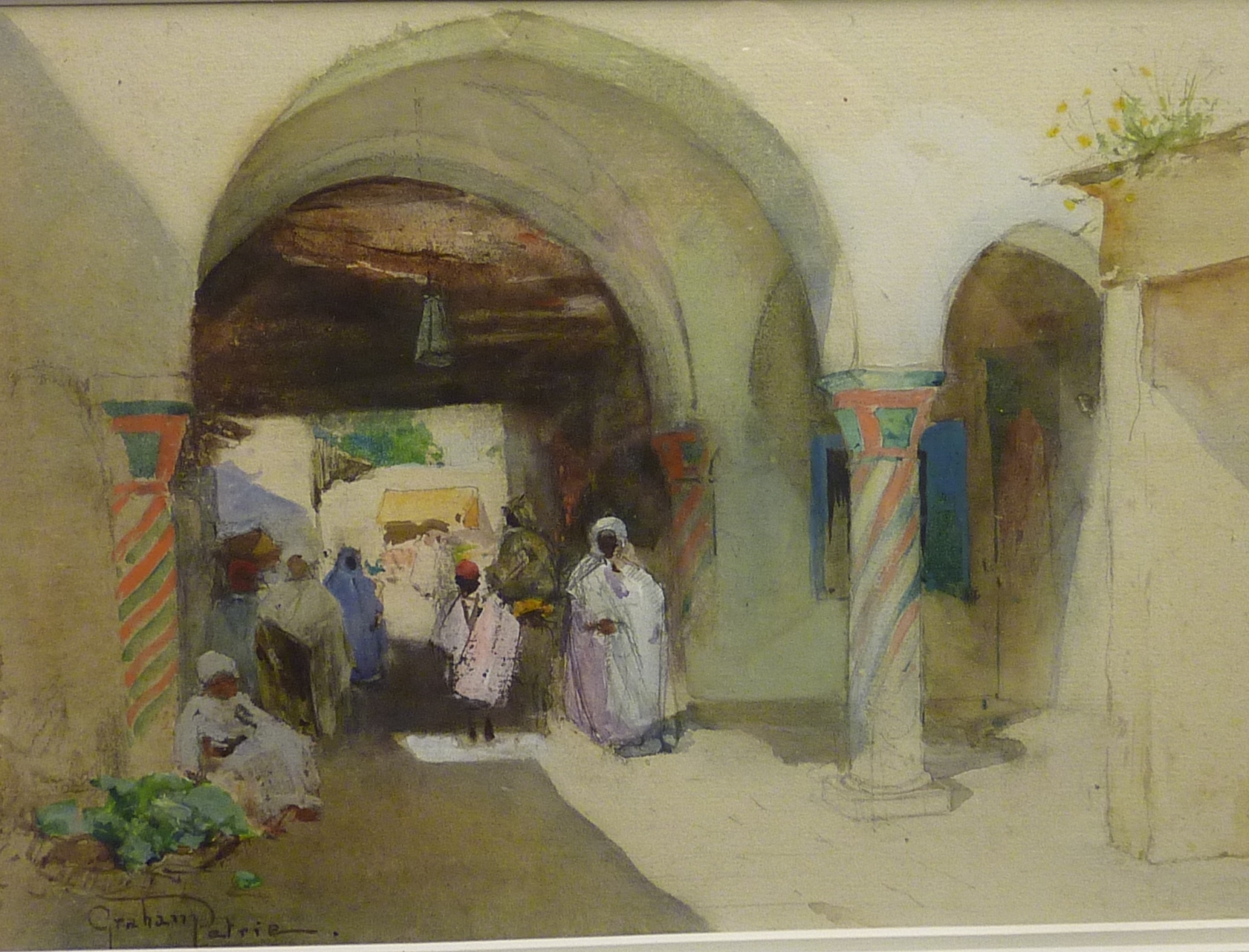 Framed watercolour by Graham Petrie of Moroccan street scene