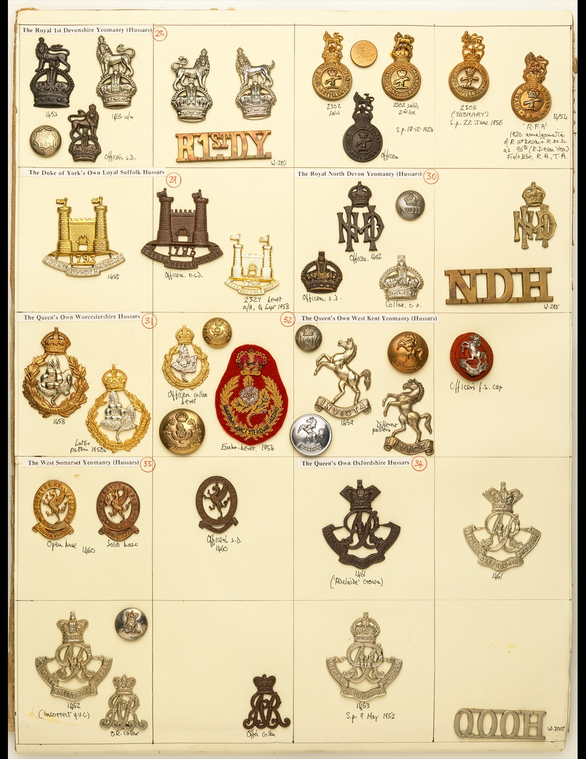 Insignia of Yeomanry Regiments A card of cap and collar-badges, buttons ...