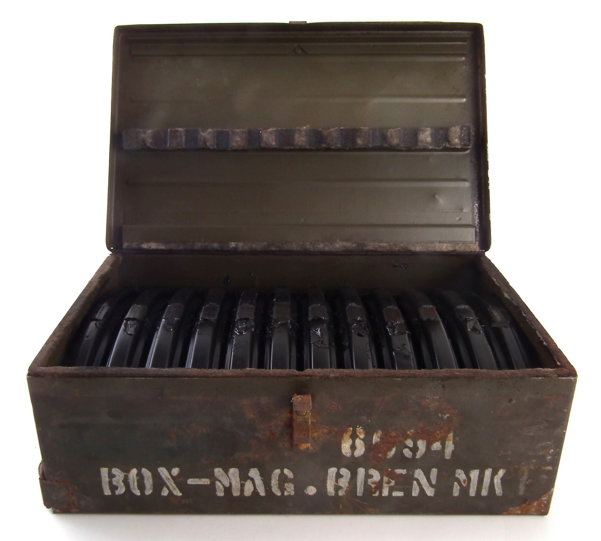 Case of twelve Bren gun box magazines. 39cm long.