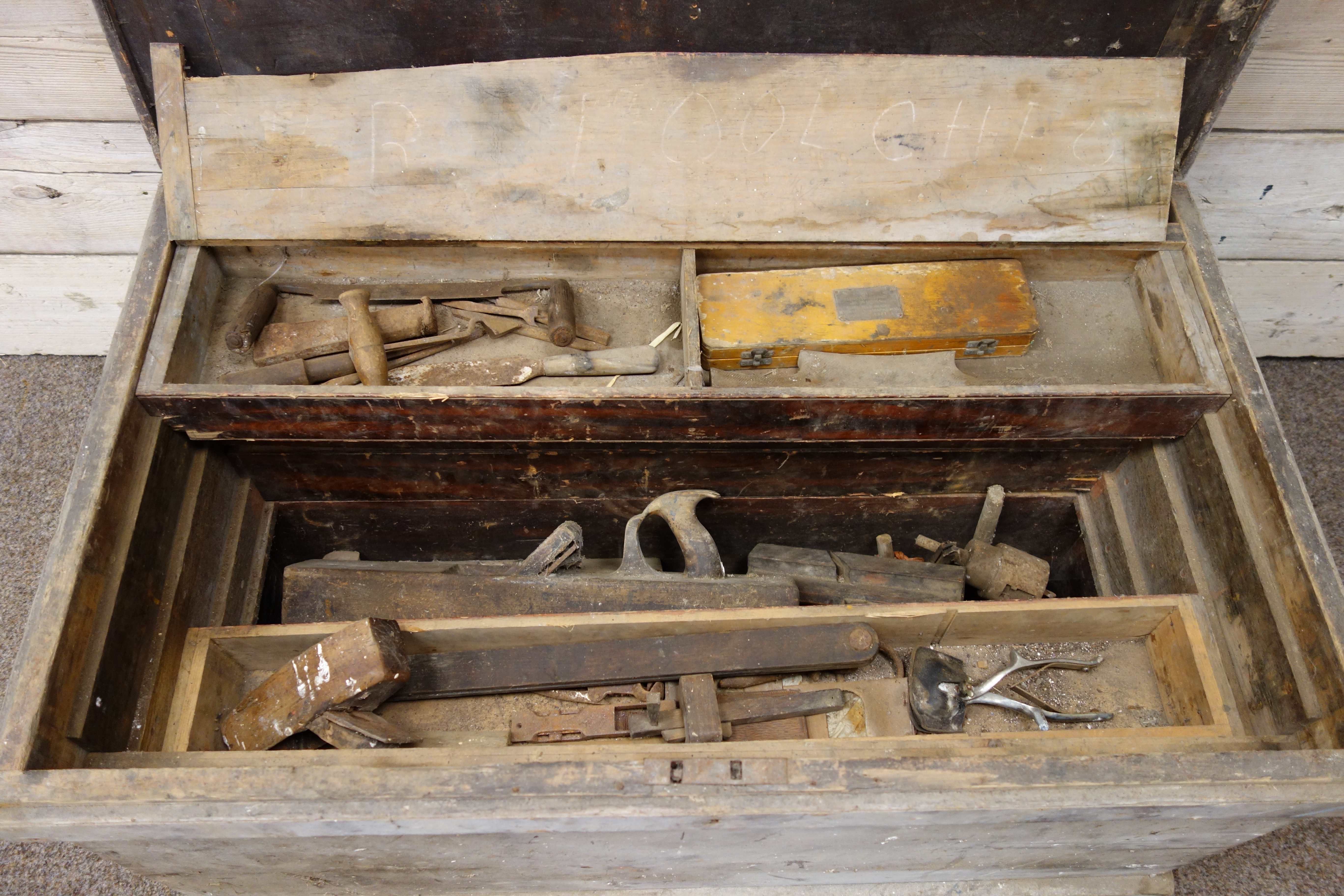 Late 19th century wooden tool chest with various vintage tools, W104cm ...