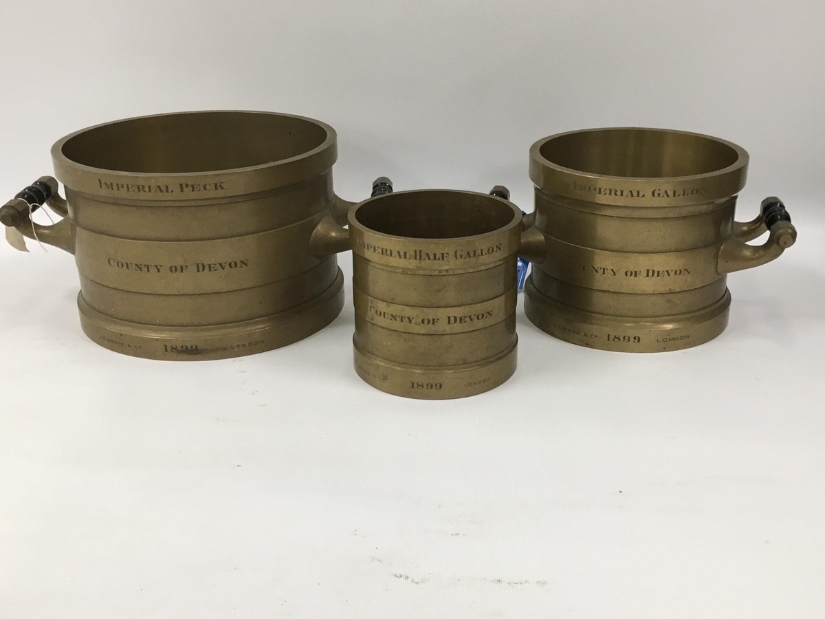 3 BRONZE LOCAL STANDARD MEASURES IMPERIAL PECK, IMPERIAL GALLON AND ...