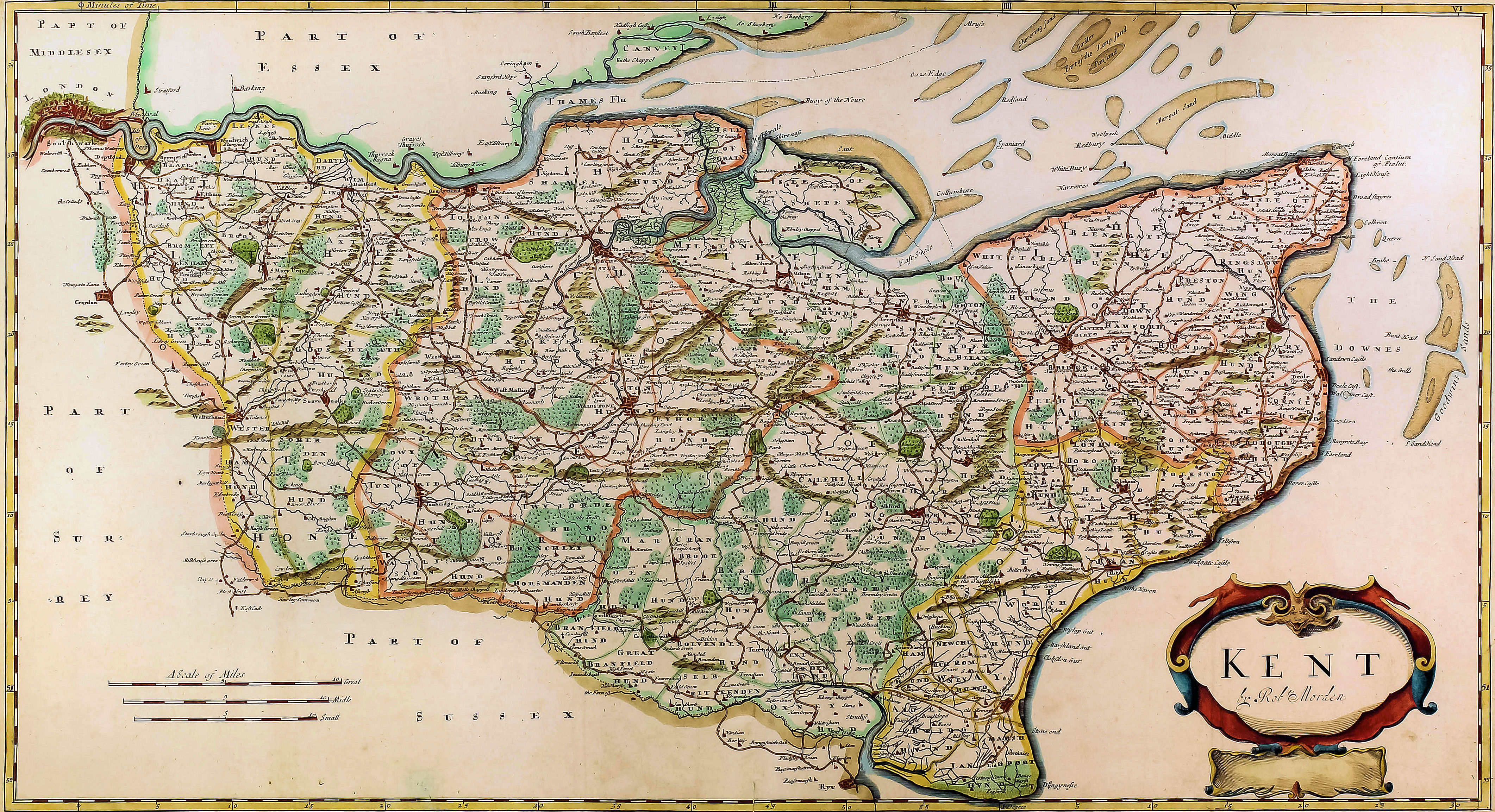 Robert Morden (fl. 1668-1703) - Coloured engraving - "Kent" - Map of ...