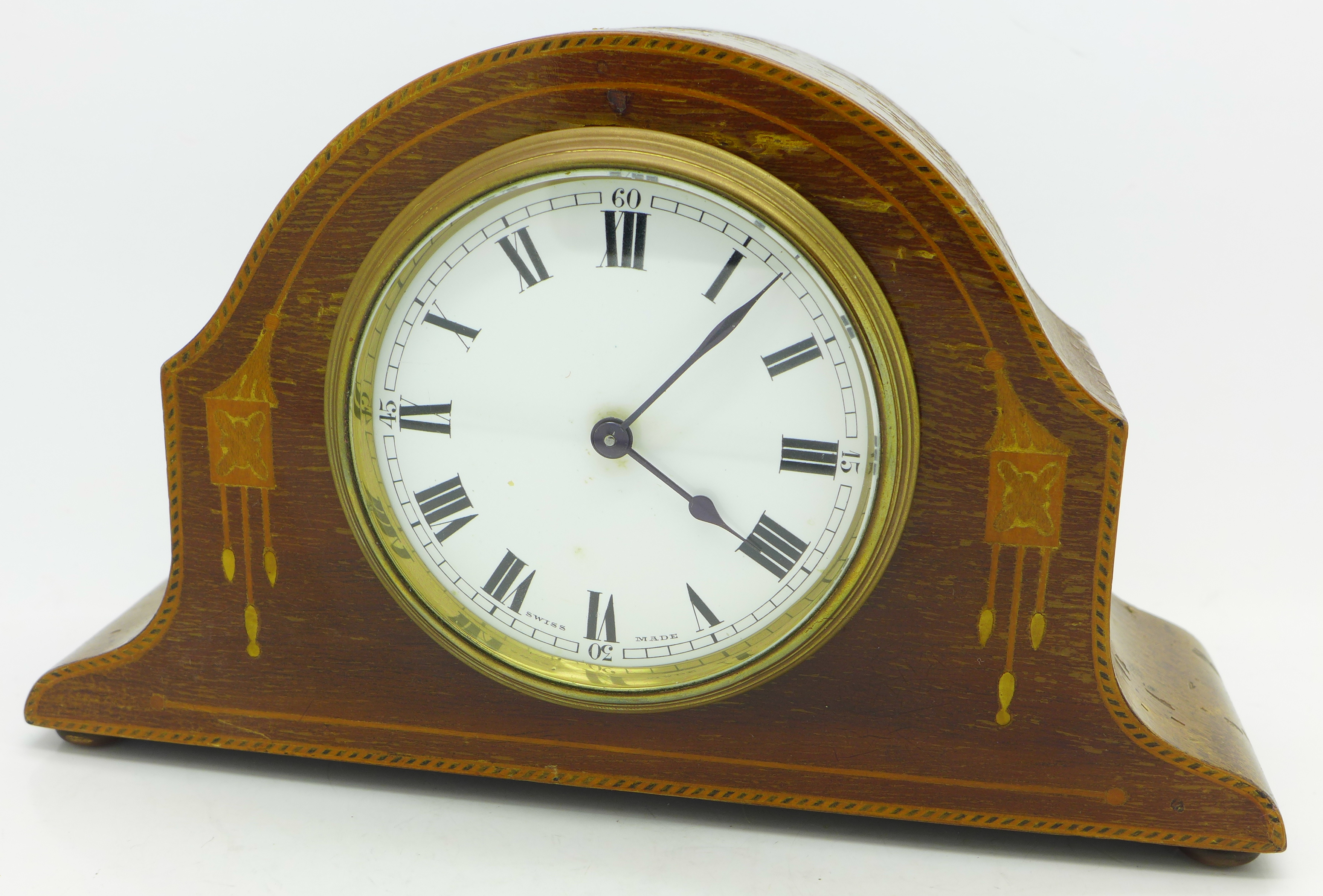 An inlaid wooden mantel clock with Swiss movement marked Buren, 13.5cm