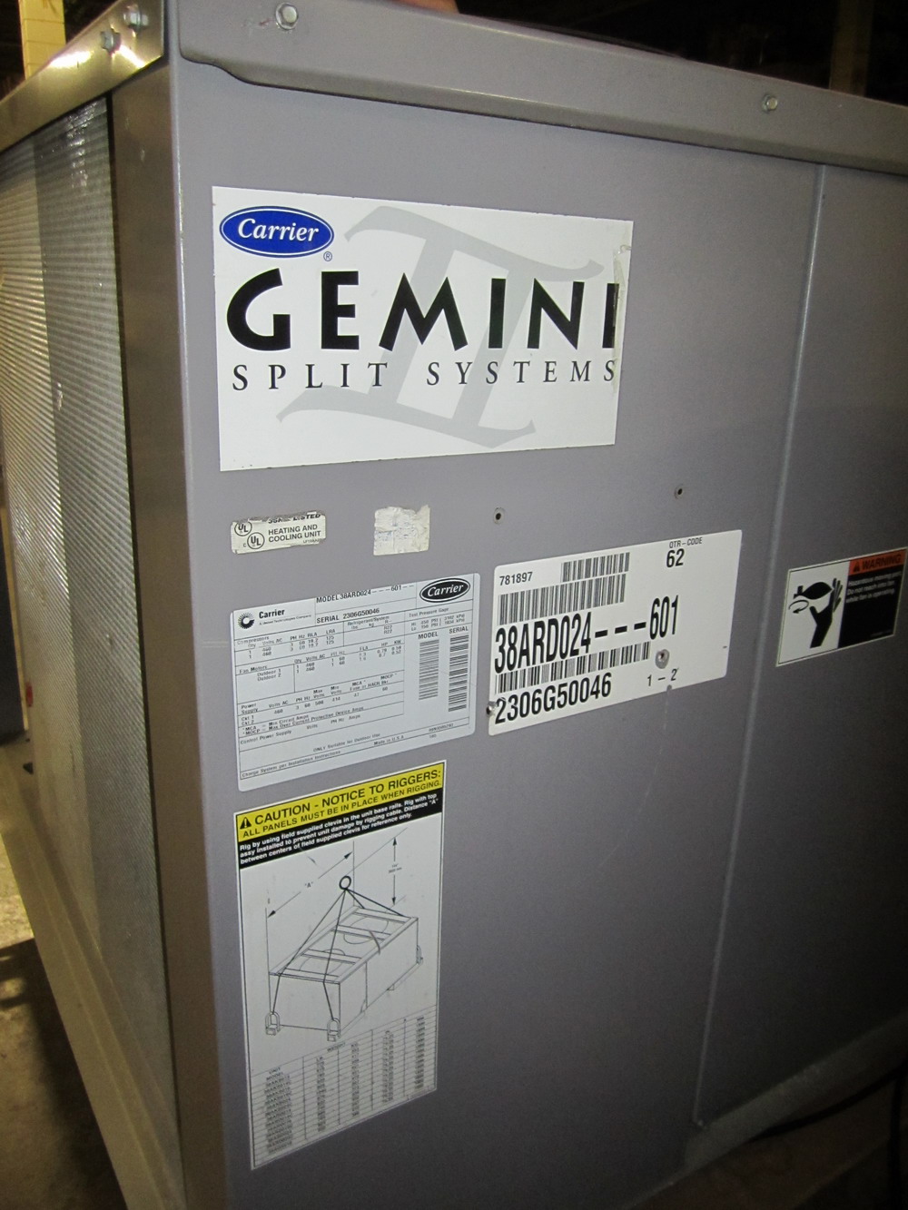 Carrier Gemini Split System Cooling System, Model 38ARD024, SN ...