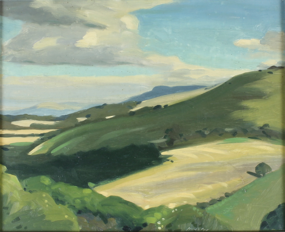 James Fry, oil painting on board, study of the South Downs, signed 9" x 10"