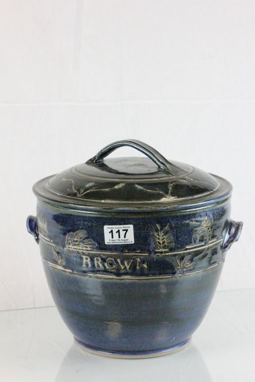 Blue Glazed Stoneware Bread Crock / Bin with Lid