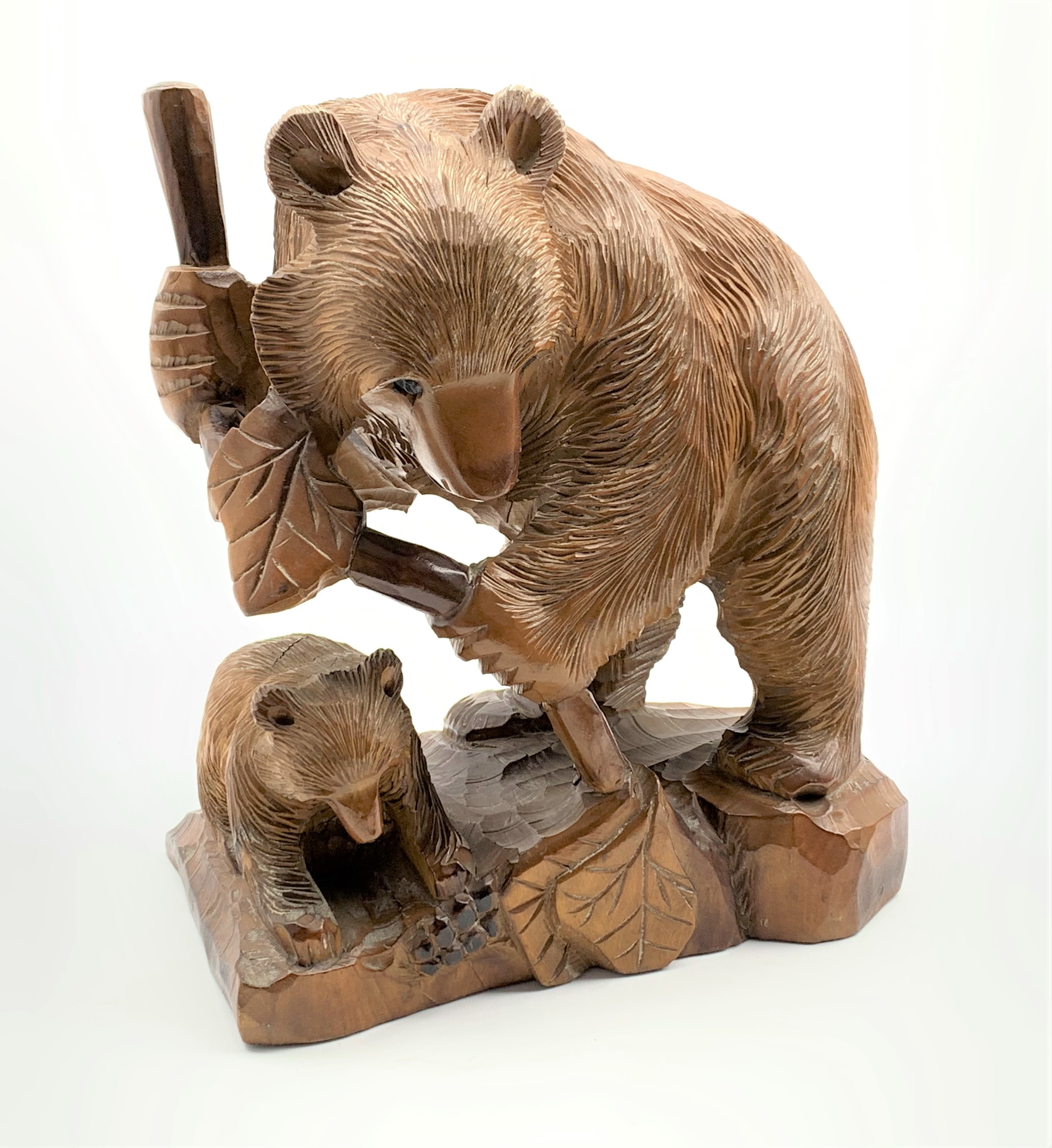 Large Black Forest wood carving of bear and cub H30cm Condition Report ...