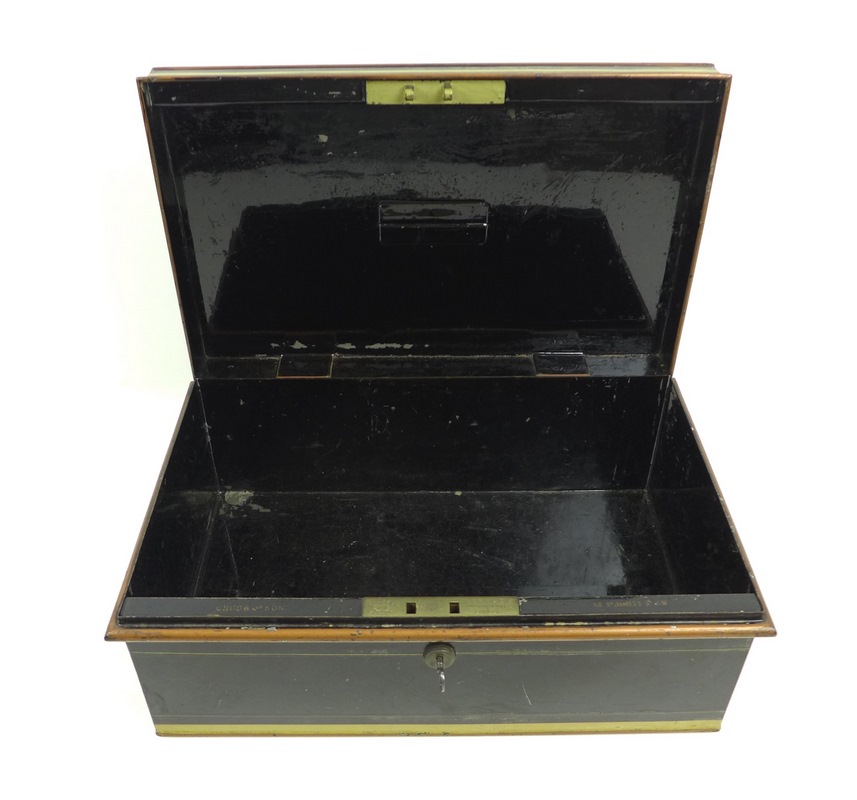 A Victorian Chubb and Son metal cash / safe / deed box, painted black ...