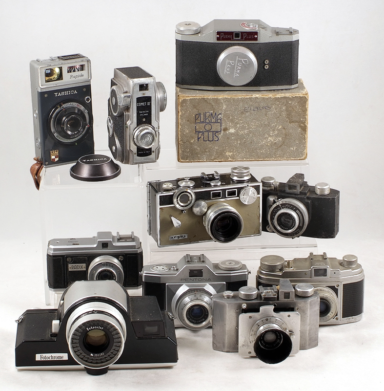 Collection of 'Weird' Design Cameras. Comprising Fotochrome, Argus ...