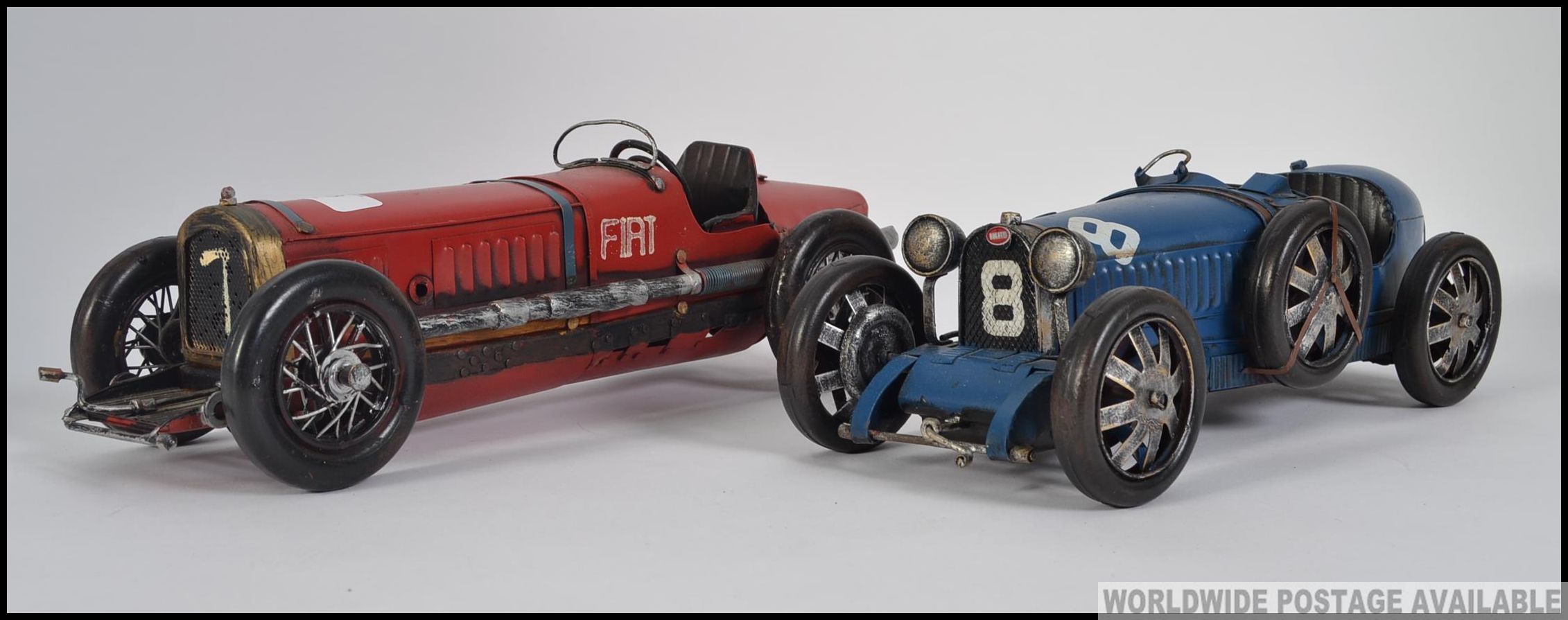 2 x 20th century tin plate model racing cars to include red and blue ...