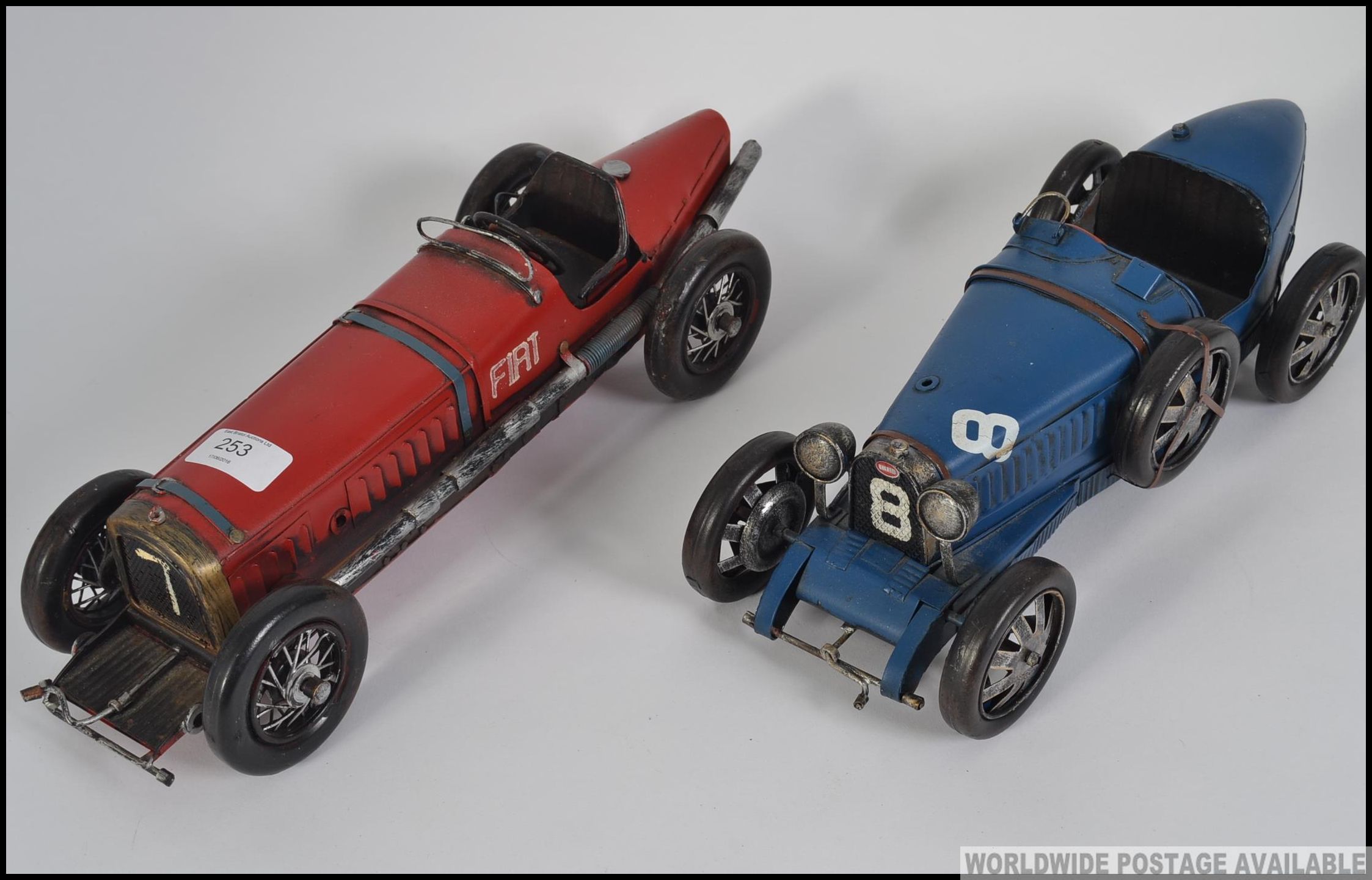 2 x 20th century tin plate model racing cars to include red and blue ...