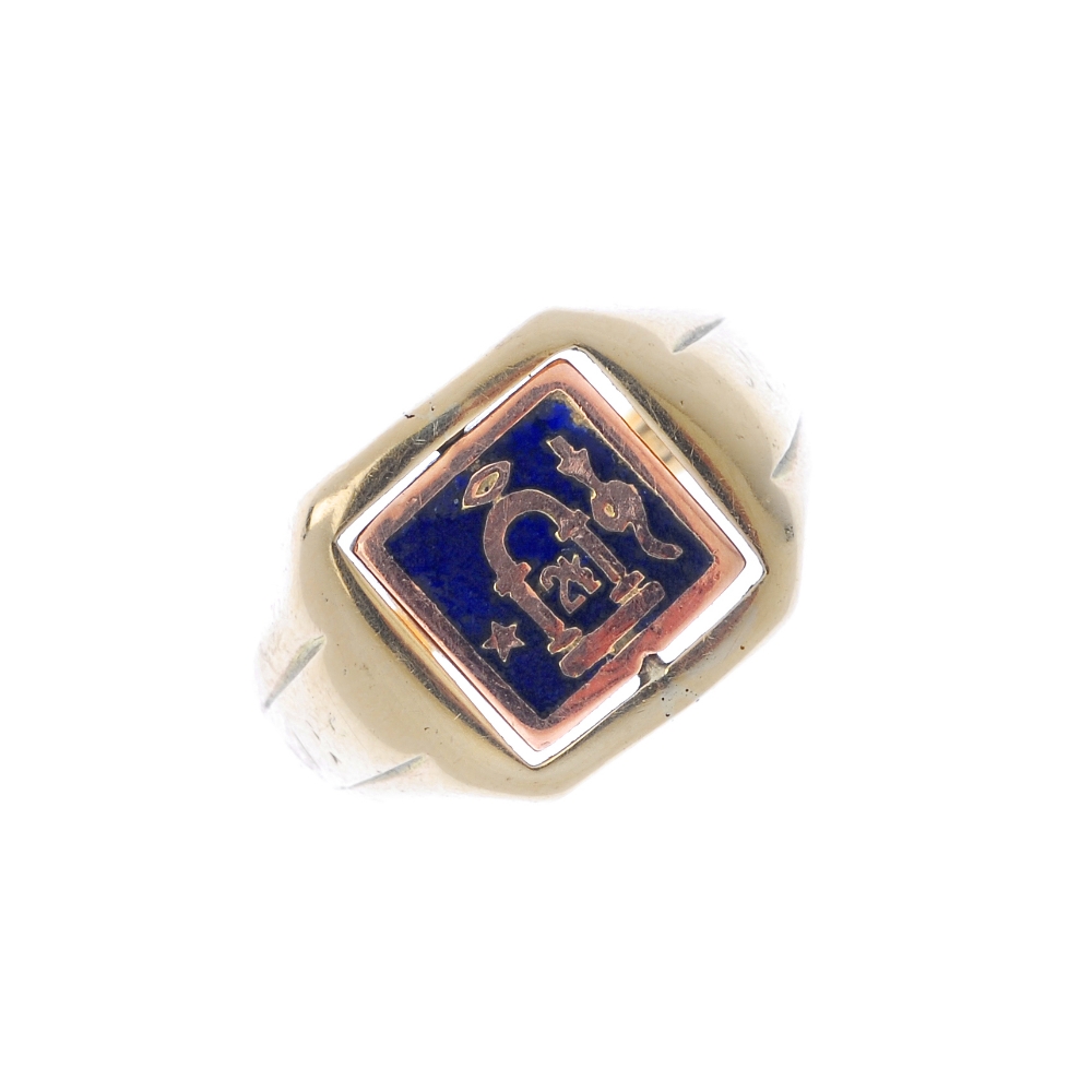 A 9ct gold enamel Orange Order ring. The blue enamel and engraved ...
