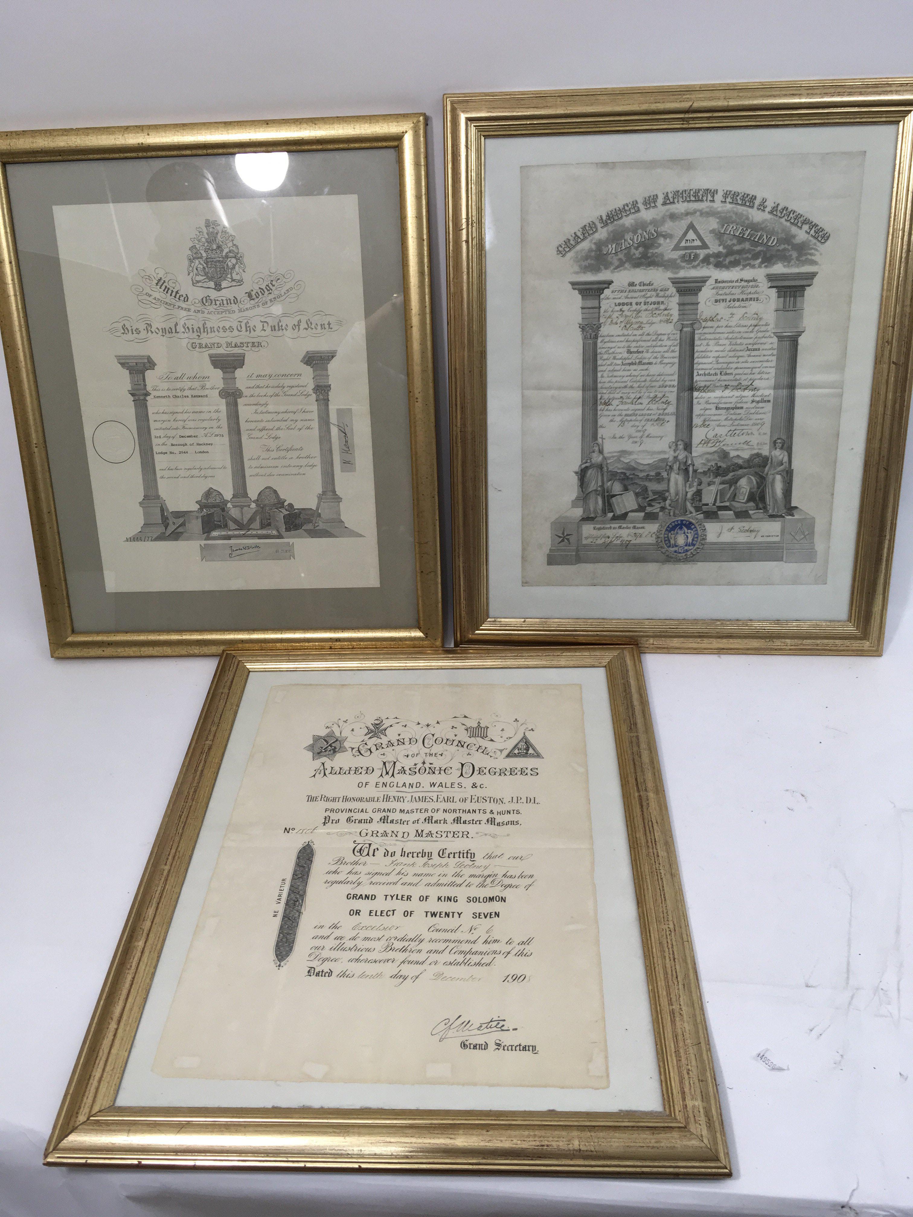 Three framed Masonic lodge certificates. Two in the name of Joseph ...