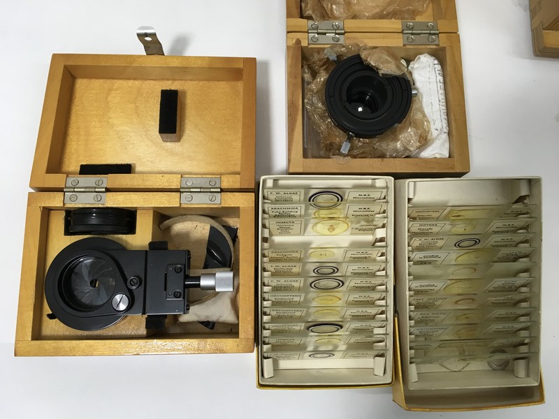 2 microscopes, 1 in a wooden box made by Omo, the other unboxed made by ...