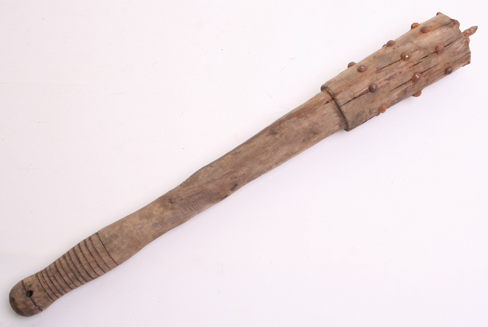 WW1 British Trench Club, of wooden shaft fitted with hob nail studs and ...