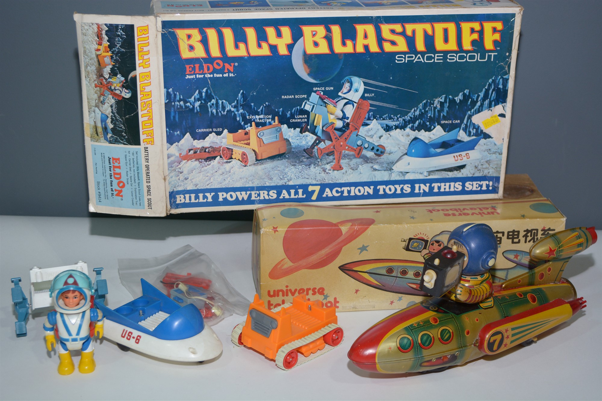 Billy Blastoff, by Eldon, boxed; and a Japanese tin plate 'Universe ...