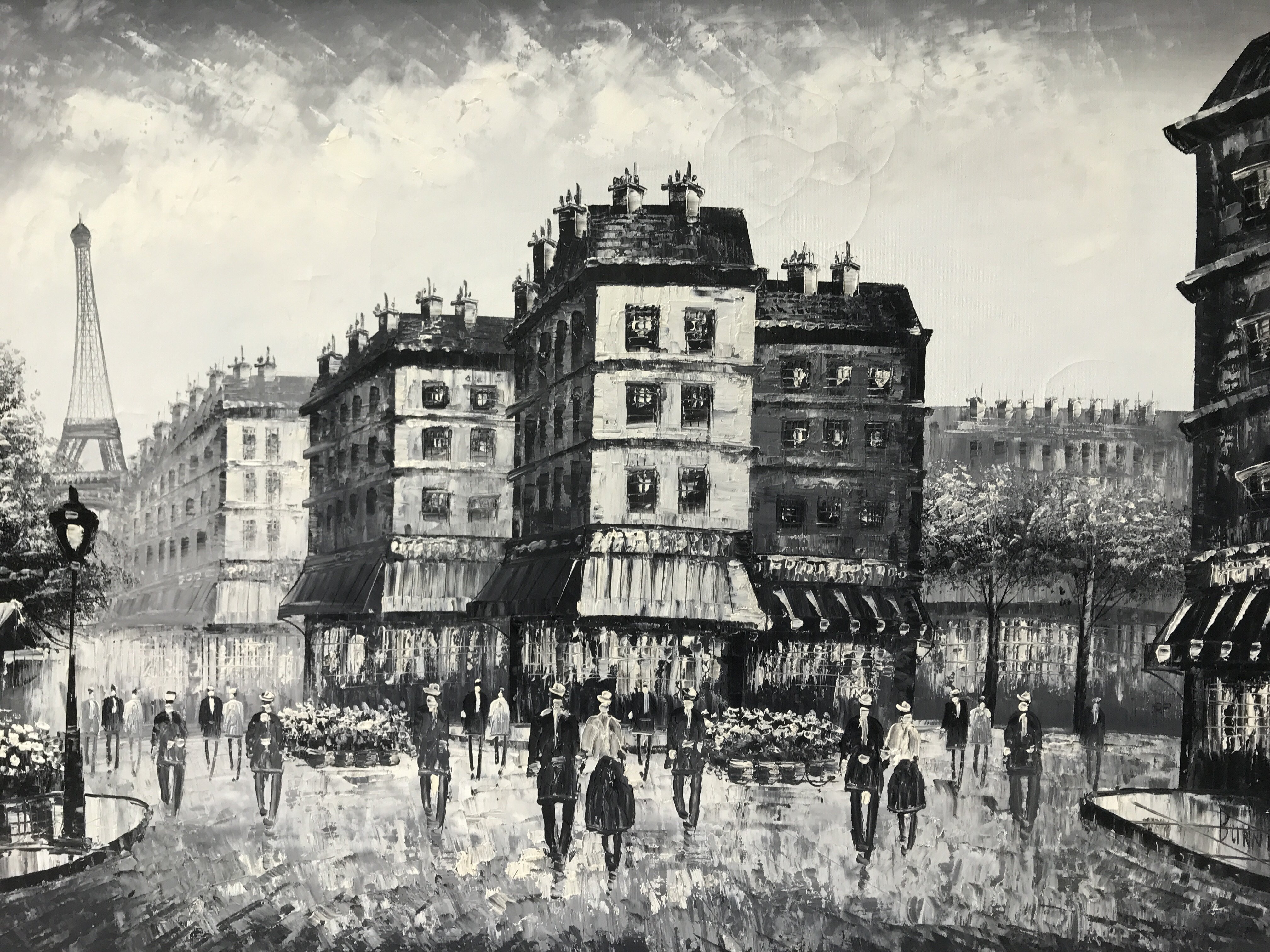 A modern French oil painting in black and white on canvas, signed by ...