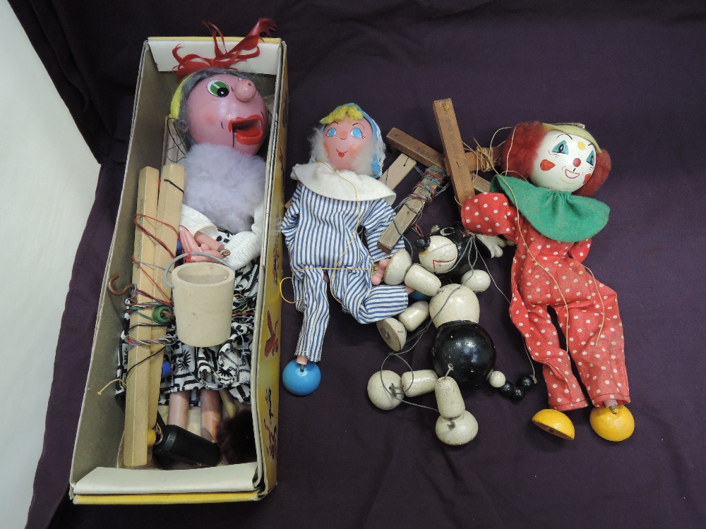 Four 1960's and later Pelham Puppets, old woman with mop bucket in ...