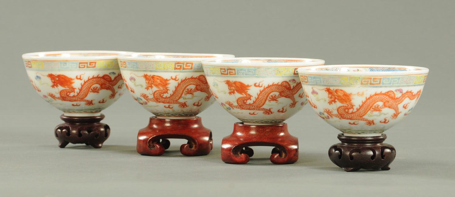 A set of four Chinese tea bowls, early Republic period, the interior ...