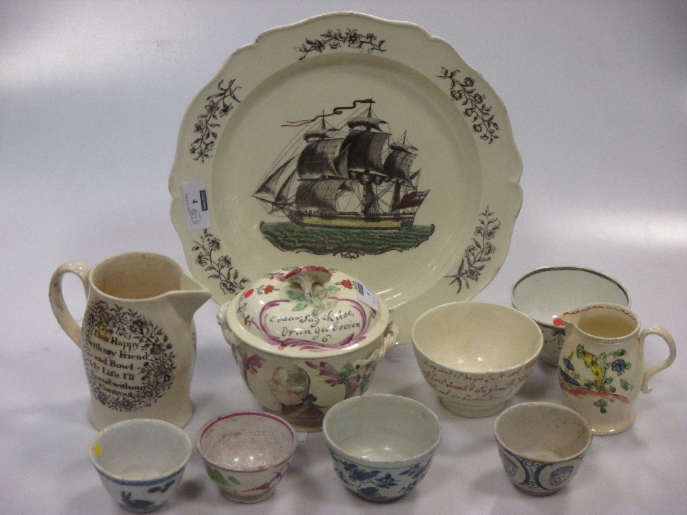 A Liverpool creamware plate. printed and painted with a ship; various ...