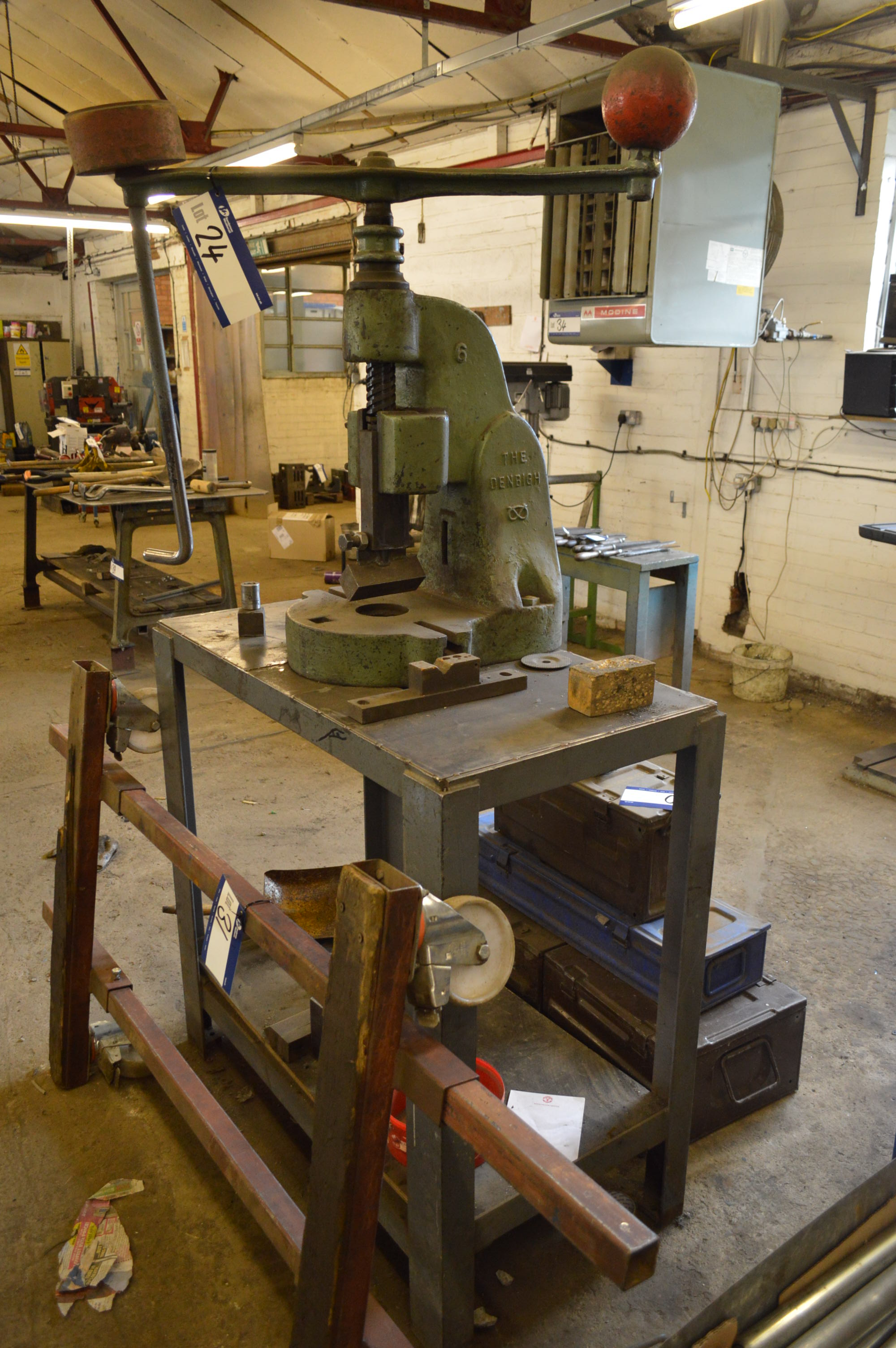 Denbigh No. 6 Hand Screw Fly Press, with steel stand and equipment, as ...