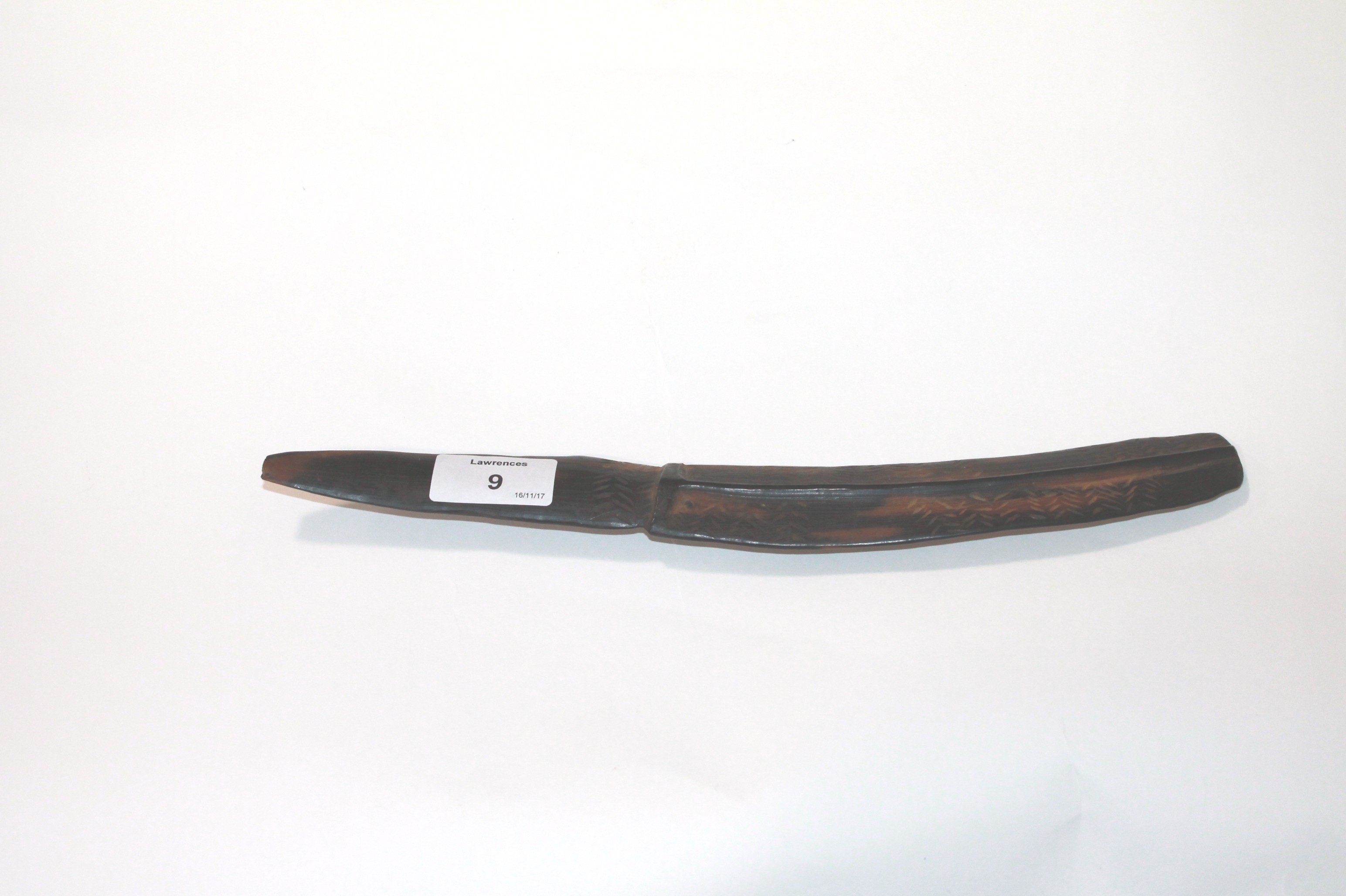 AN ABORIGINAL KNIFE. A carved bi-wood Aboriginal knife, with centre-rib ...