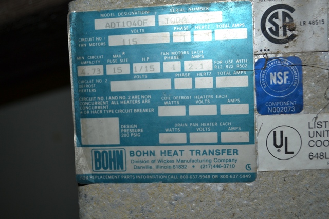 Bohn model ADT1040F evaporator, serial number TODA, 115 volts 1/15 HP ...