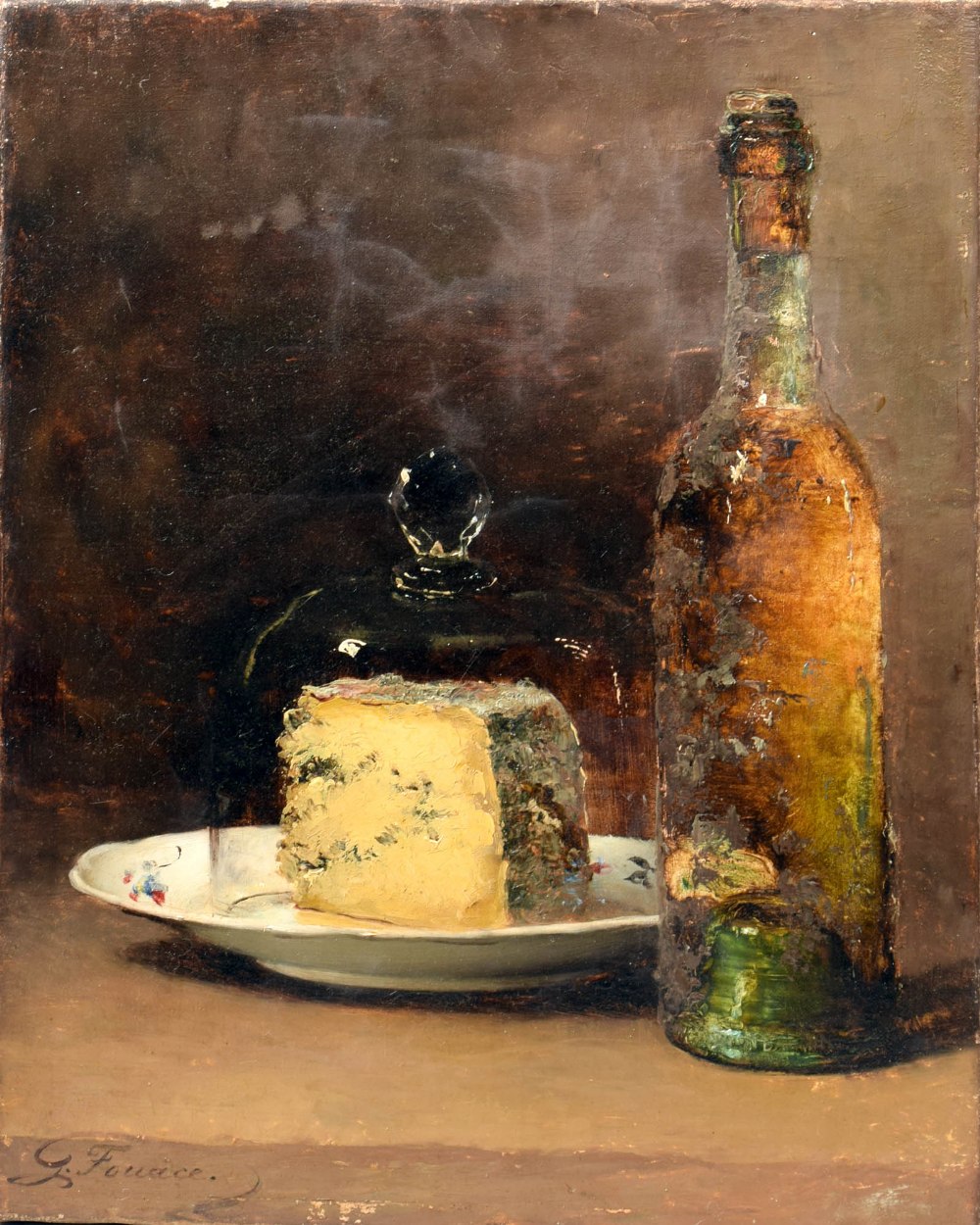 Guillaume Fouace 1837/1895 - still life with cheese and wine bottle ...