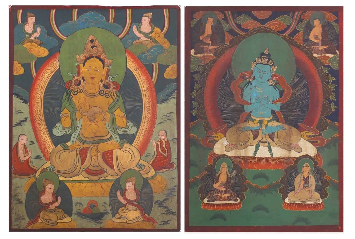 Two Tibetan watercolour on silk Thang-Ga, both with deities, the ...