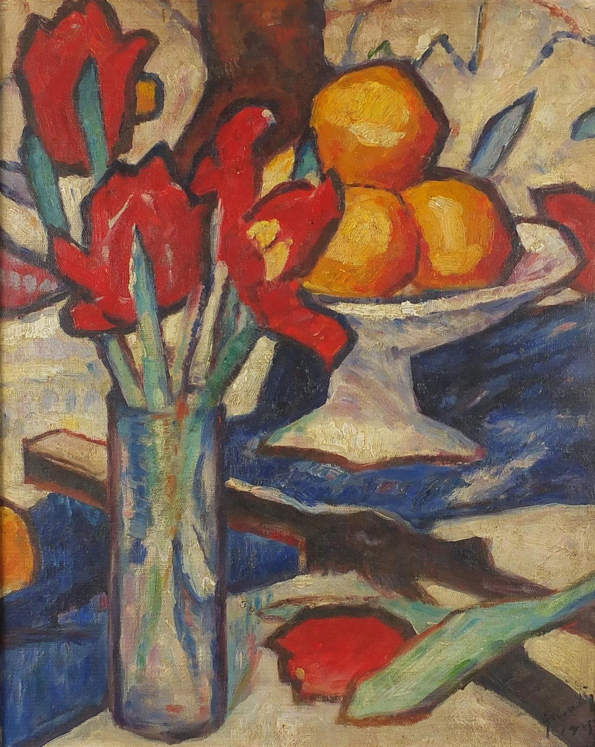 Still life, flowers and fruit, Scottish colourist school oil onto board ...