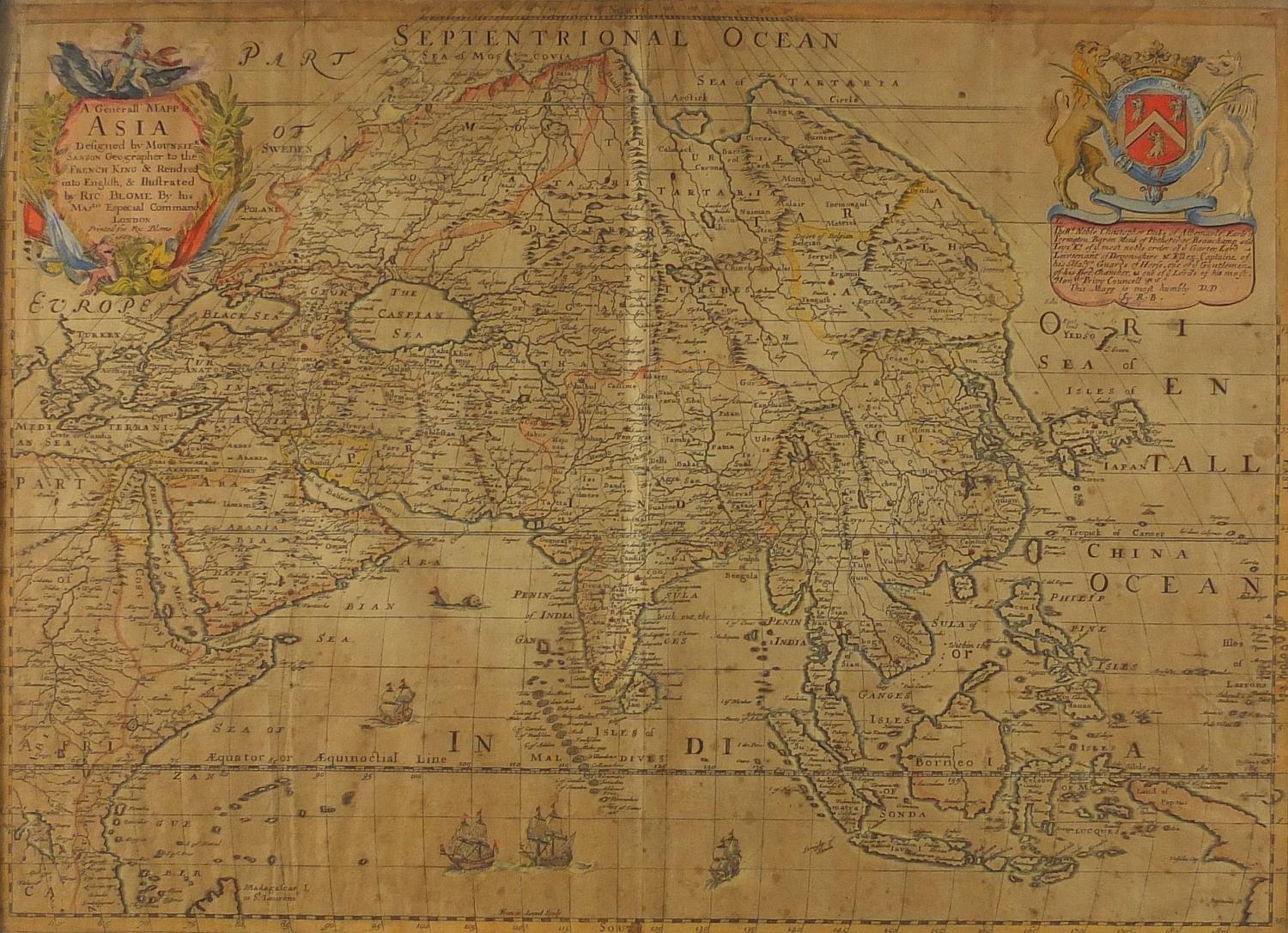 17th century hand coloured map of Asia by Richard Blome, framed, 55cm x ...