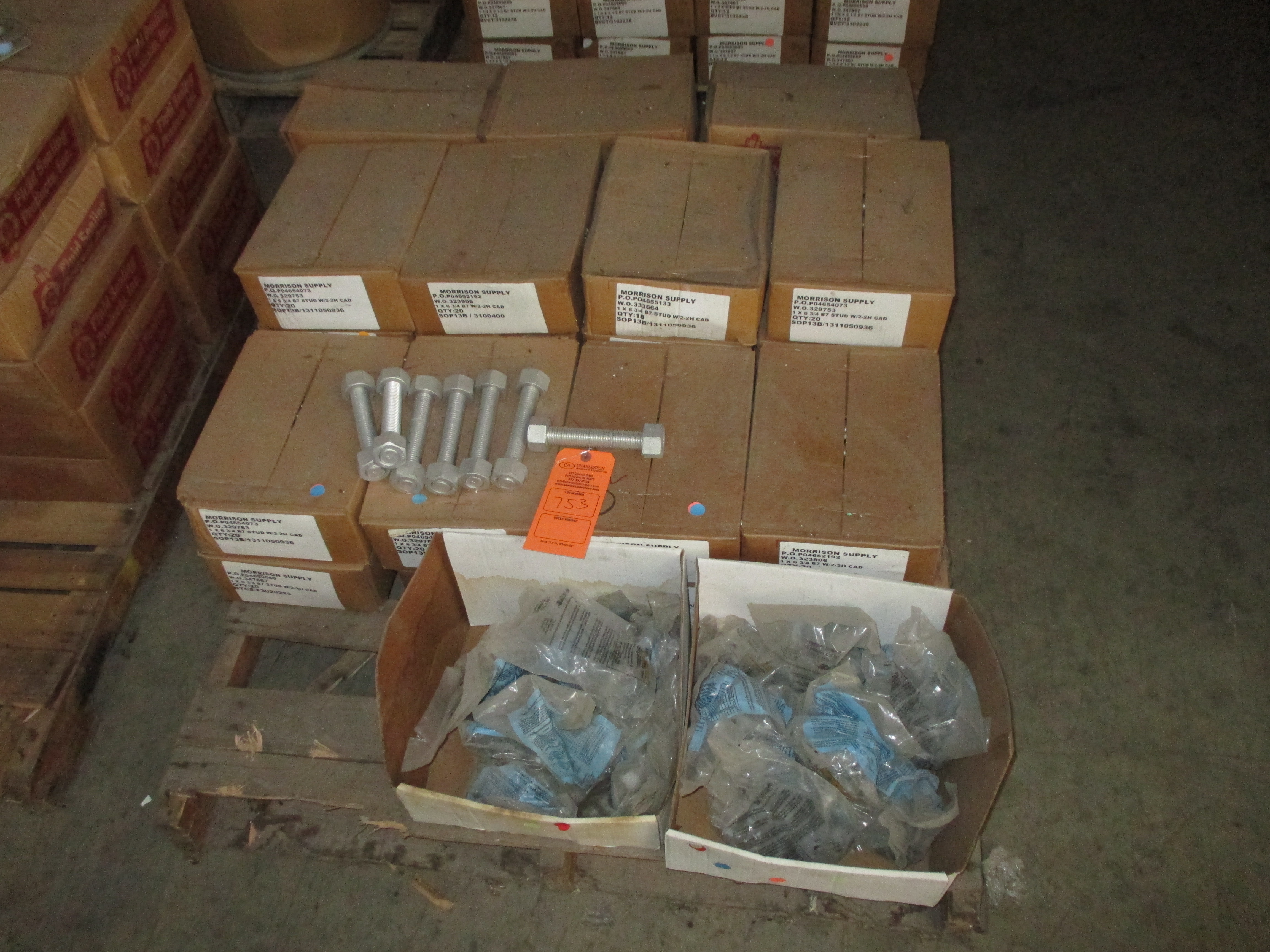 PALLET OF NUTS&BOLTS INCLUDING:(31) BOXES OF 1X6 3/4 B7 STUD W/2-2H CAD ...