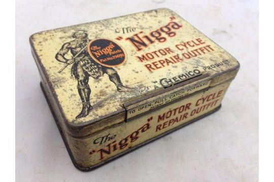 A rare 1920s `Nigga` Motor Cycle Repair Outfit tin by Chemico.