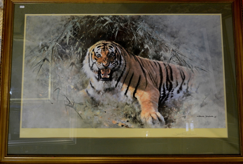 After David Shepherd (b 1931) - 'Tiger Fire', tiger in undergrowth ...