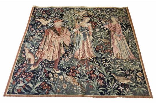 FINE ENGLISH TAPESTRY, 171cm x 161cm, royalty and woodland scene.