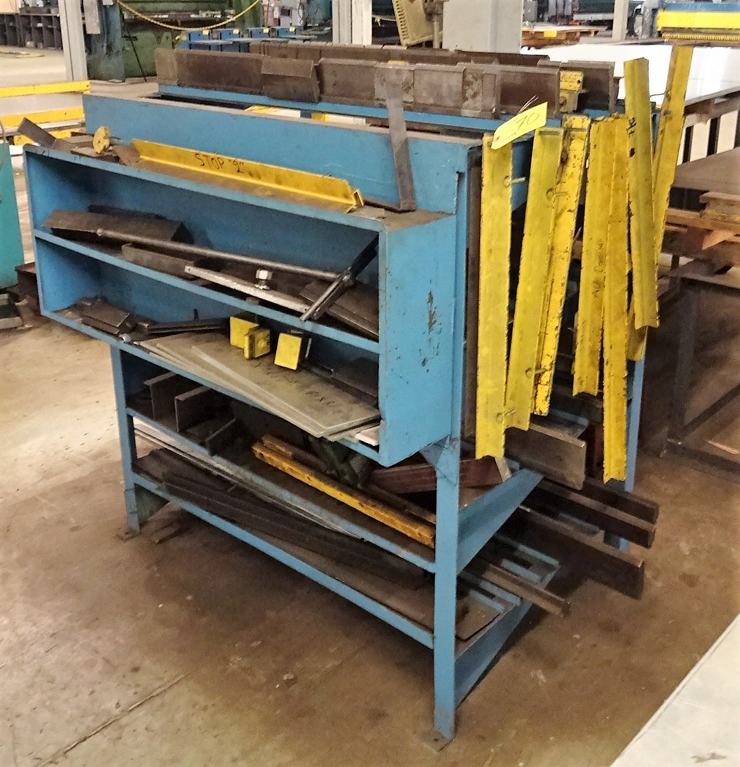 PRESS BRAKE DIE RACK WITH ASSOCIATED PRESS BRAKE DIES, PLEASE SEE PHOTOS