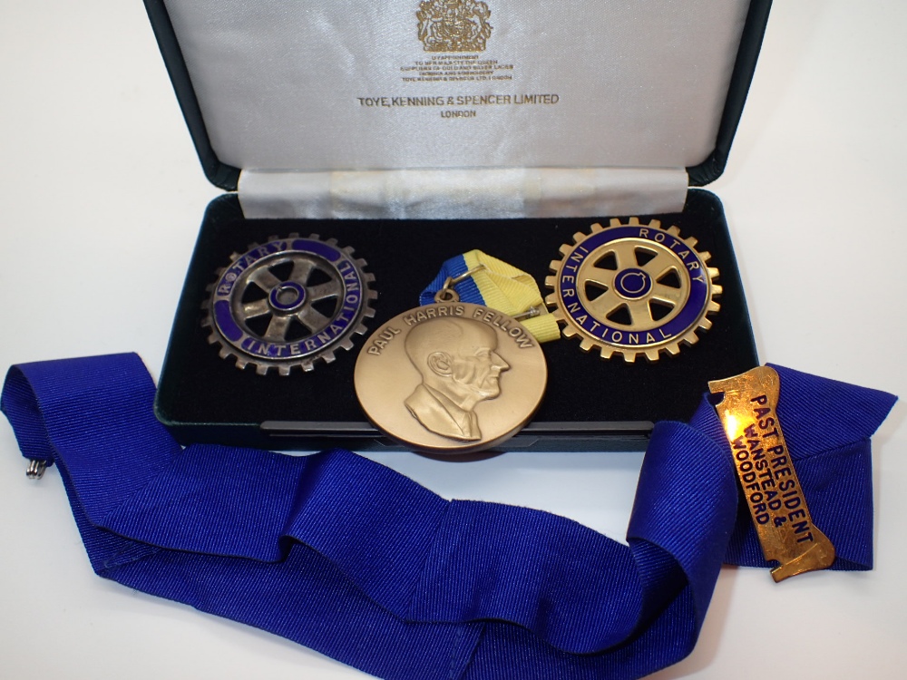Box of Rotary International medals including hallmarked silver example