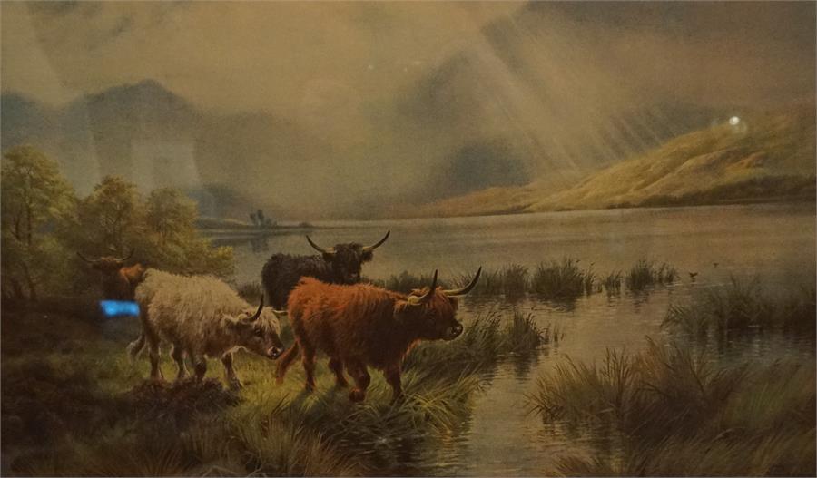 2 framed prints of Highland cattle by H.R. Hall. Titled Sunset on the ...