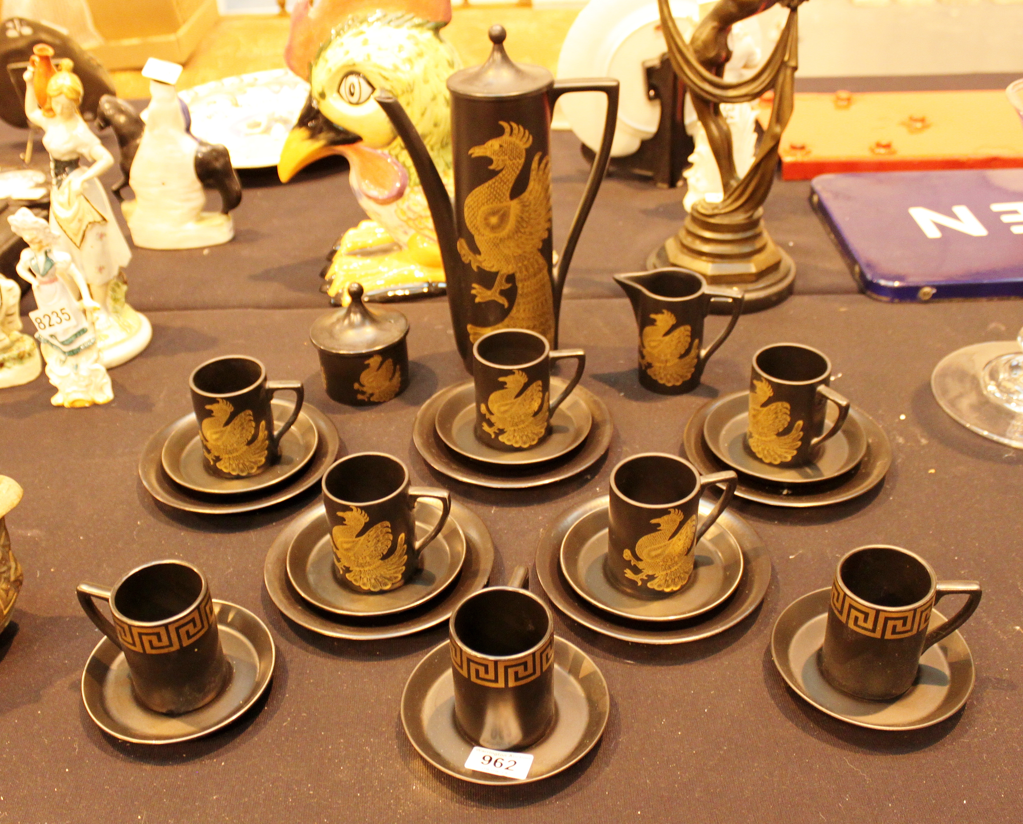Black and gold Portmeirion coffee set in Phoenix design by John Cuffley