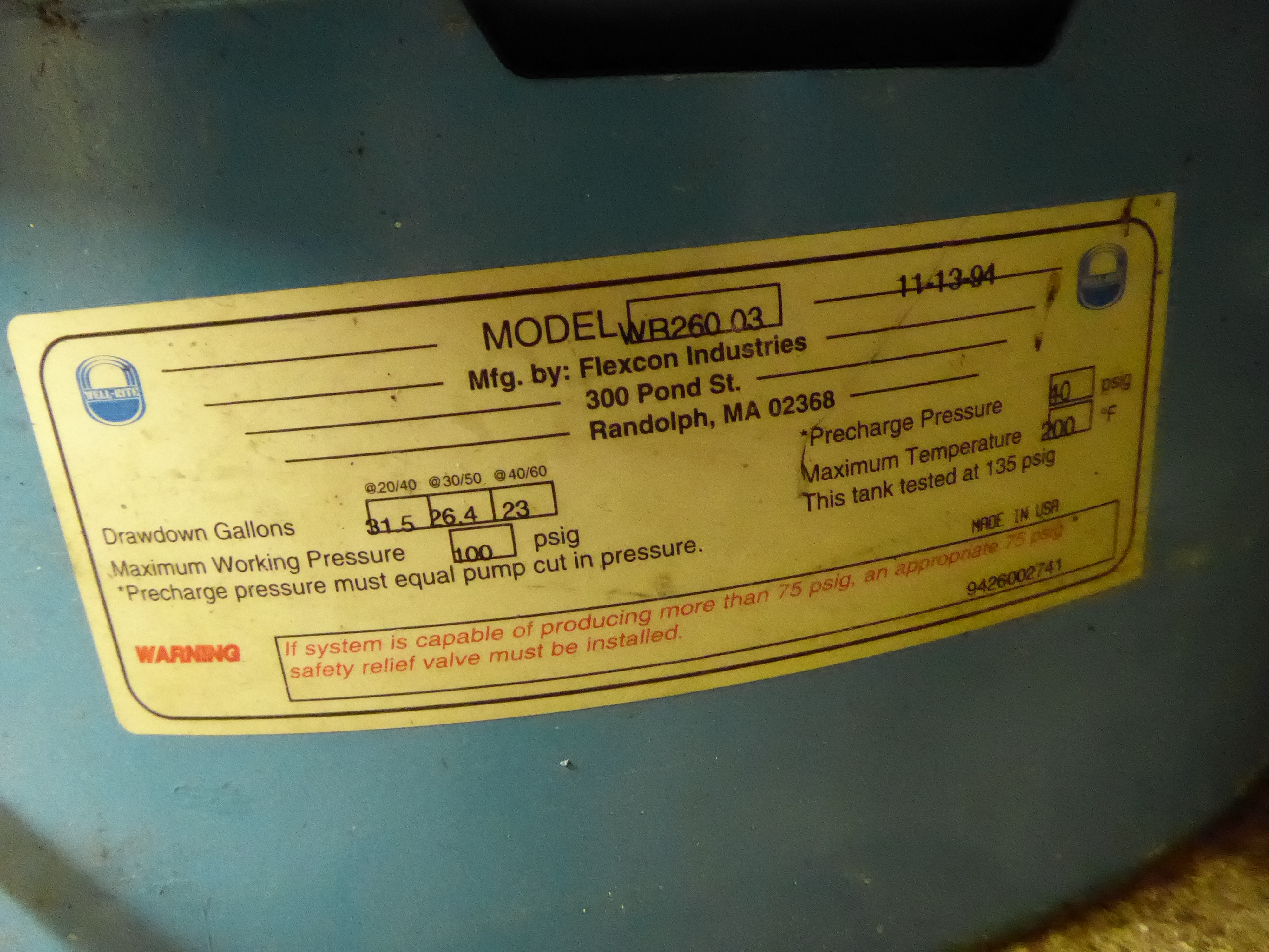 Well Rite Well Pressure Tank, m/n WR-260-03
