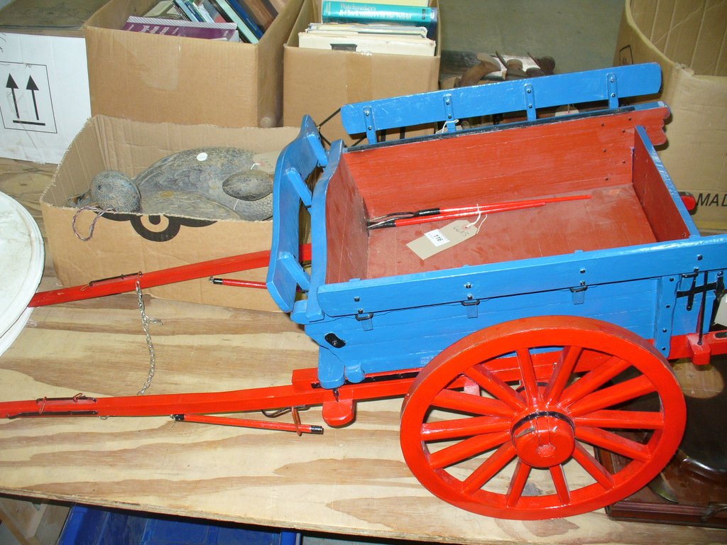 A Scratch built painted wooden model of a horse drawn 2 wheel farm cart ...