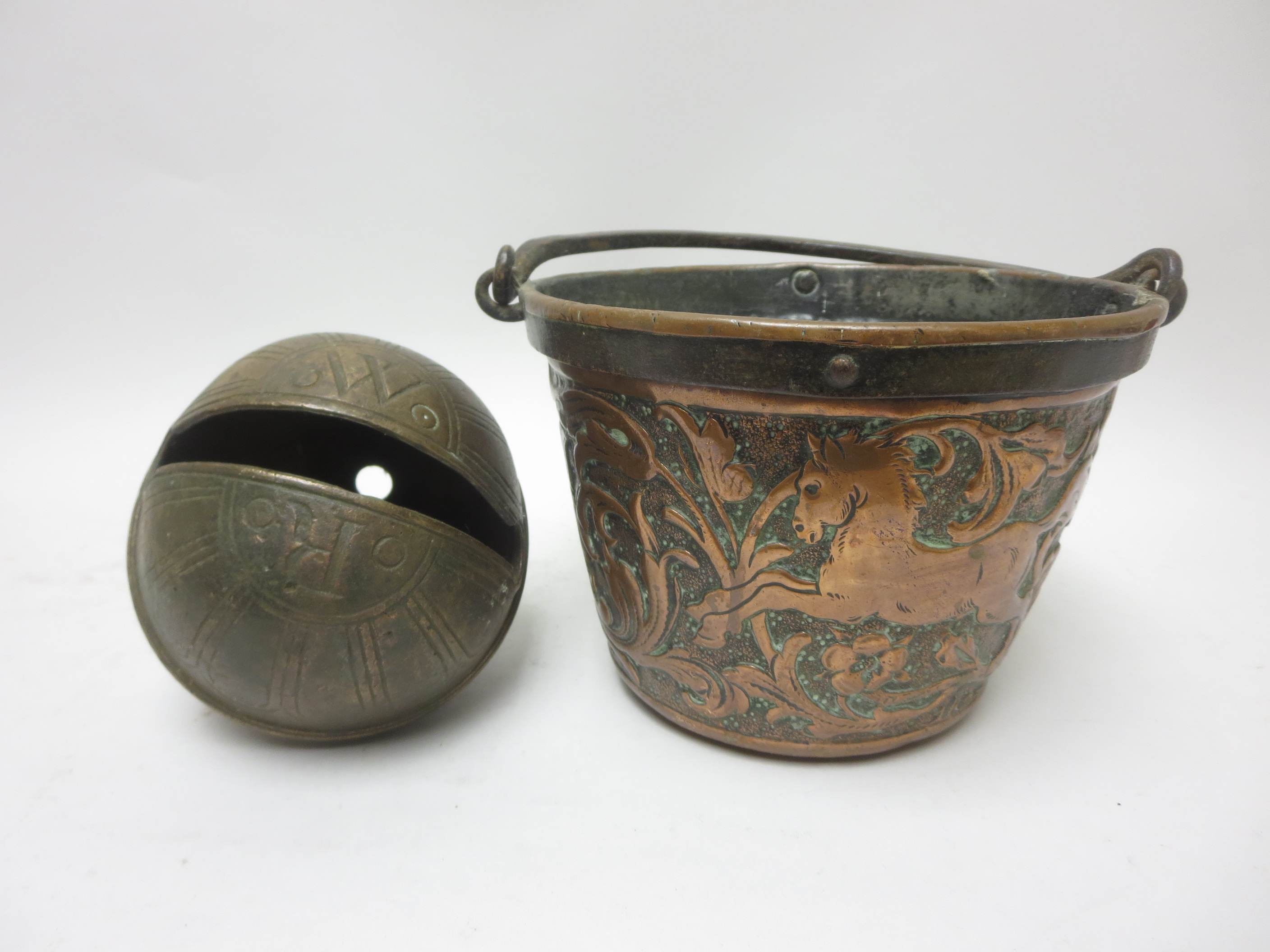 An antique Crotal Bell with initials RW, 4 1/2in diam and a copper ...