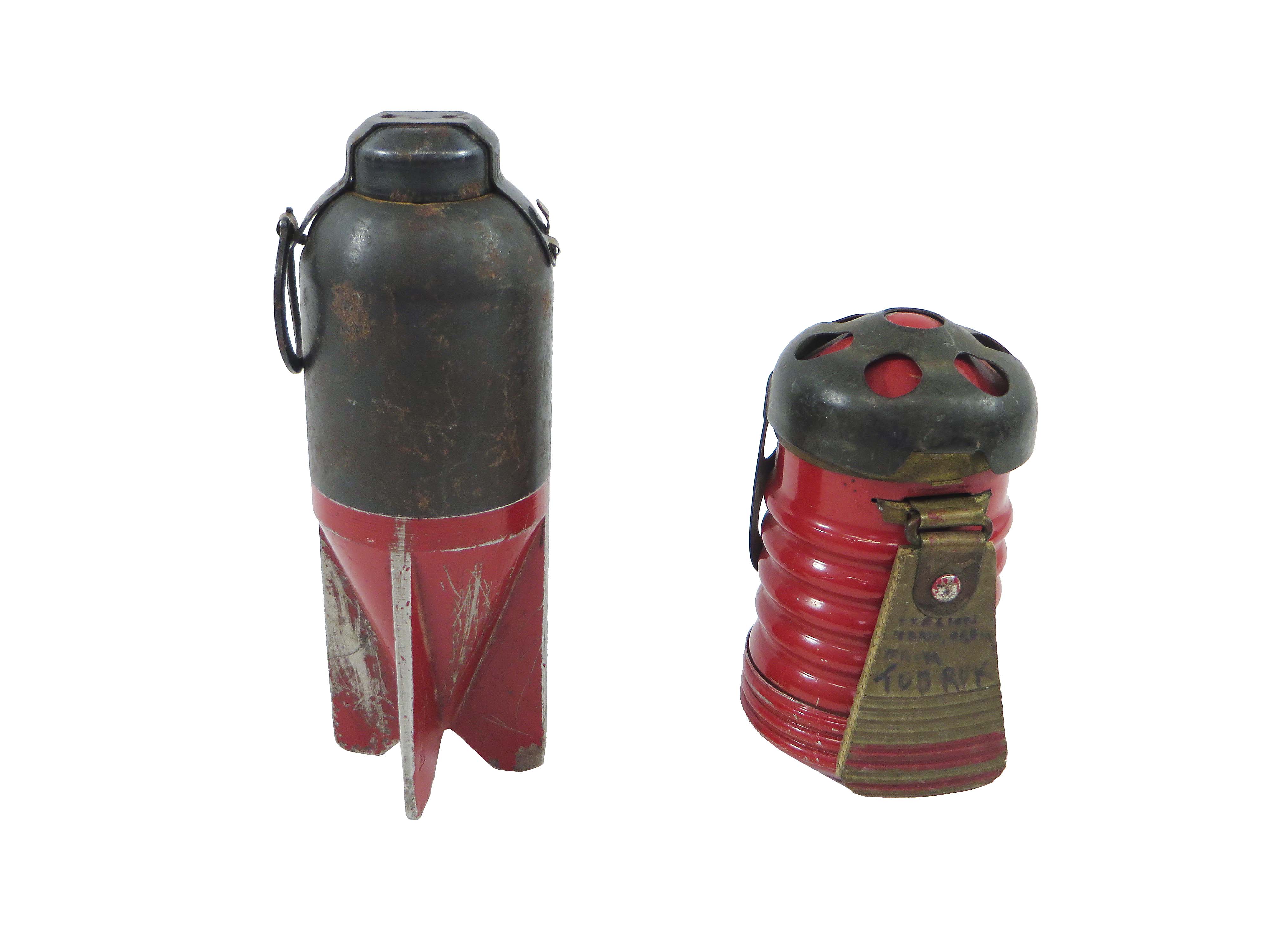 Two WW2 Italian “Red Devil” Grenades red painted fluted tin body with ...