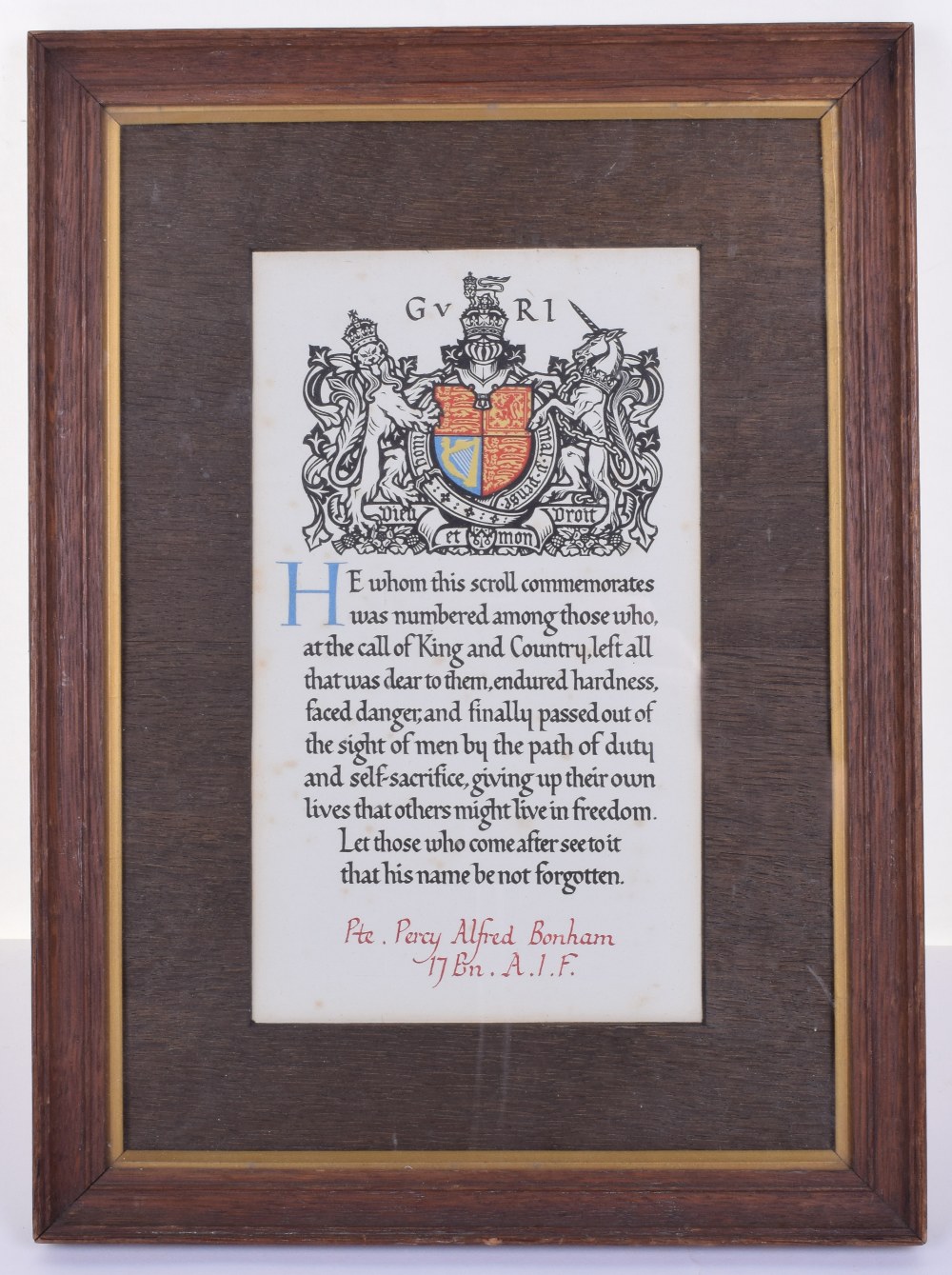 WW1 Memorial Scroll 17th Battalion Australian Imperial Forces, the ...