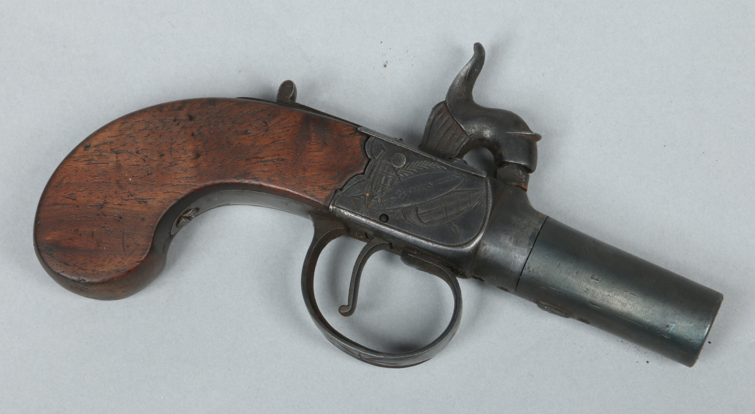 A cased early 19th century percussion cap box lock pocket pistol and ...