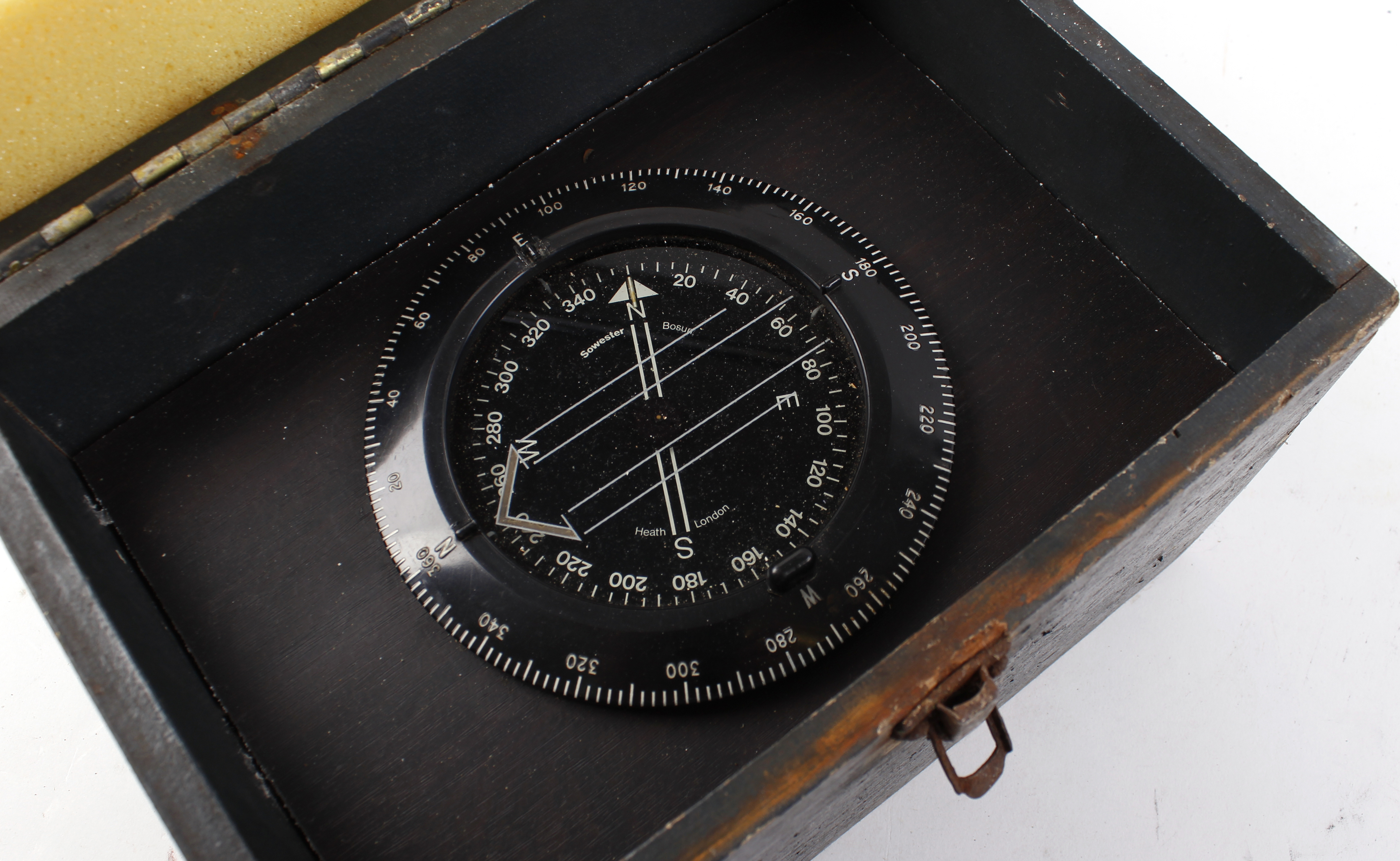 Sowester Bosun marine gimble compass, in wooden transport box